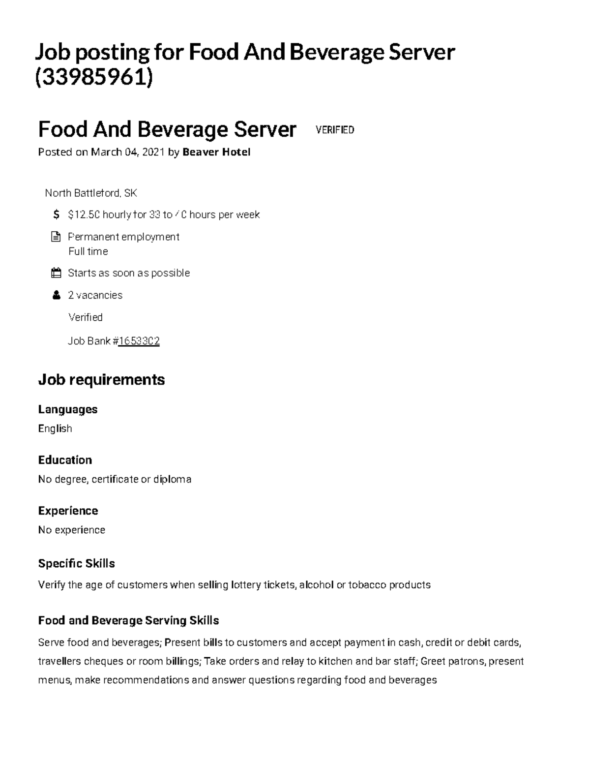 Food and beverage server - North Battleford (SK) - Job posting - Job ...