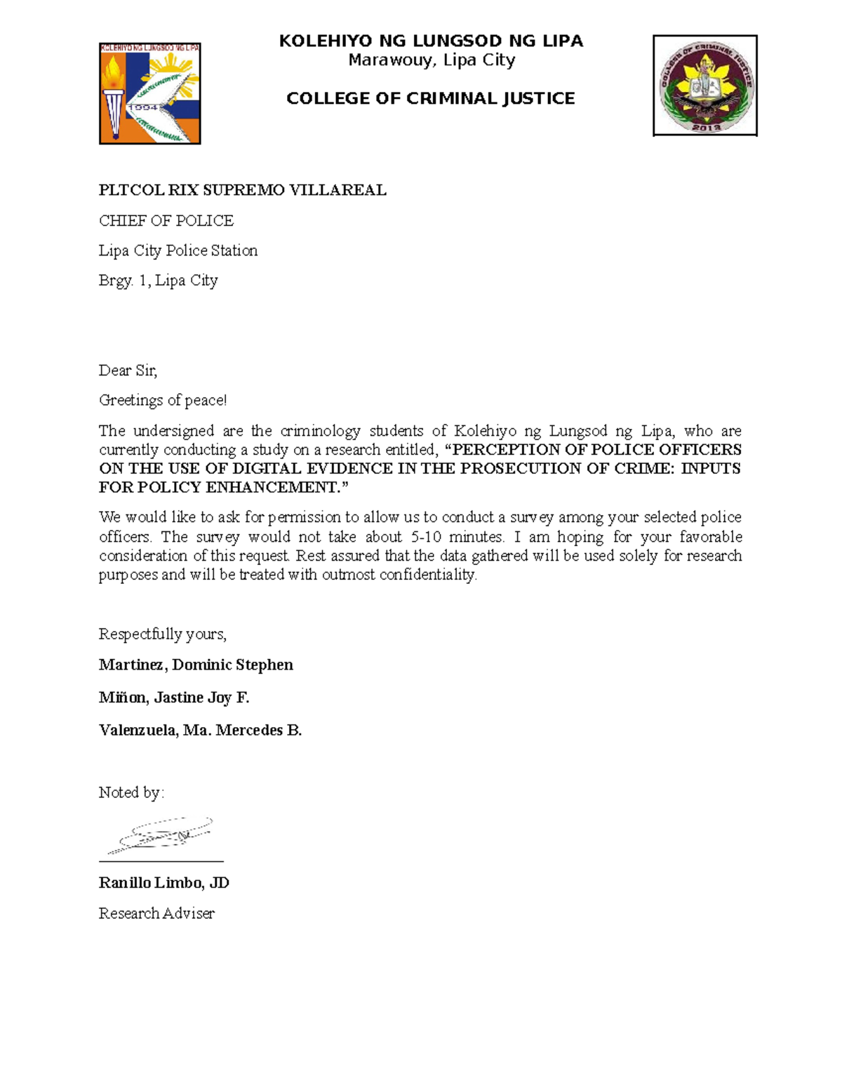 Letter Conduct Survey - KOLEHIYO NG LUNGSOD NG LIPA Marawouy, Lipa City ...
