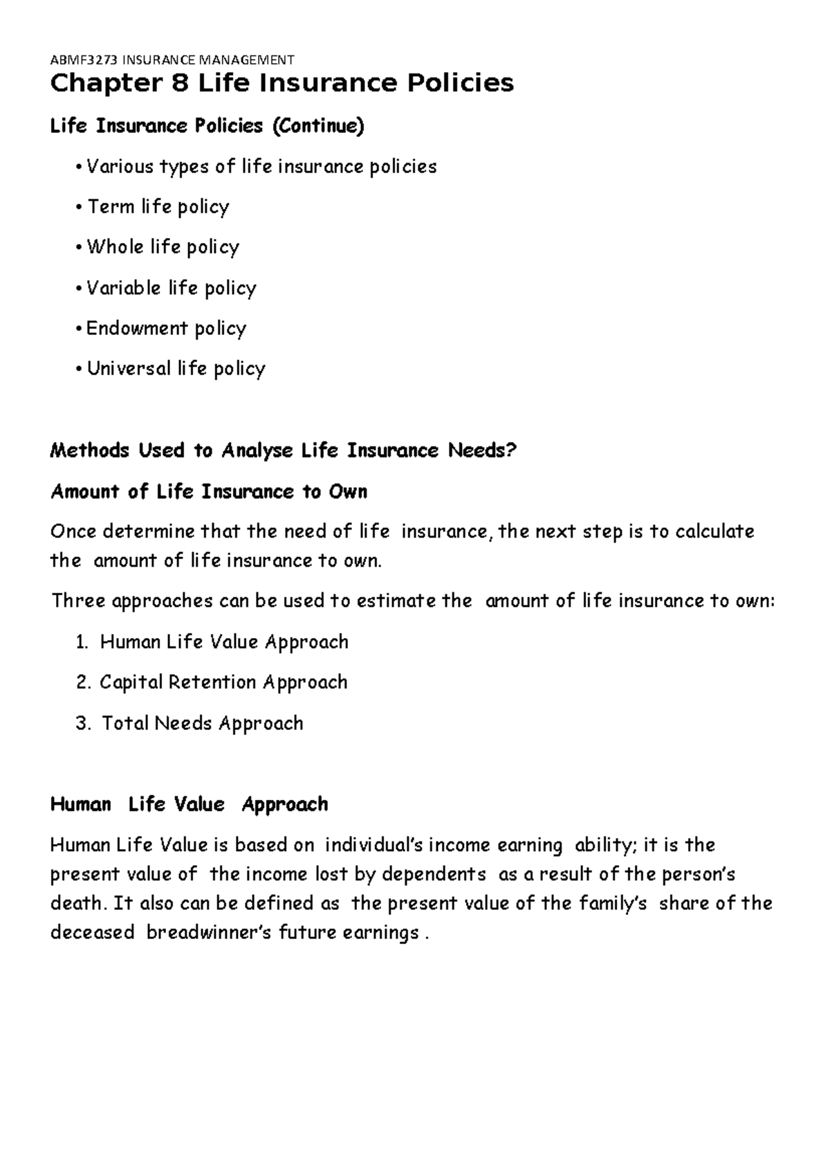 Chapter 8b Insurance Management Year 2 Sem 3 - Chapter 8 Life Insurance ...