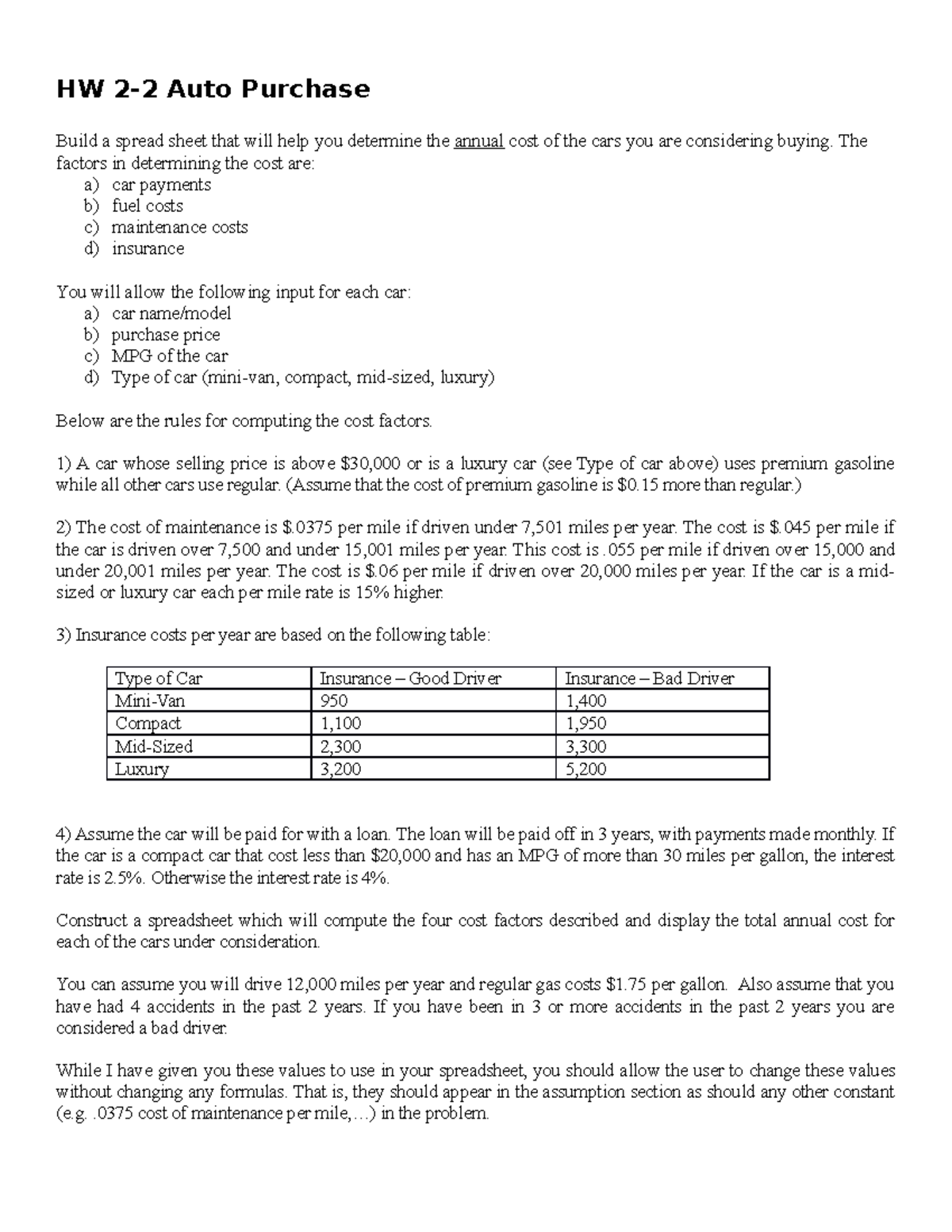 HW2-2 - Auto Purchase - HW 2-2 Auto Purchase Build a spread sheet that ...