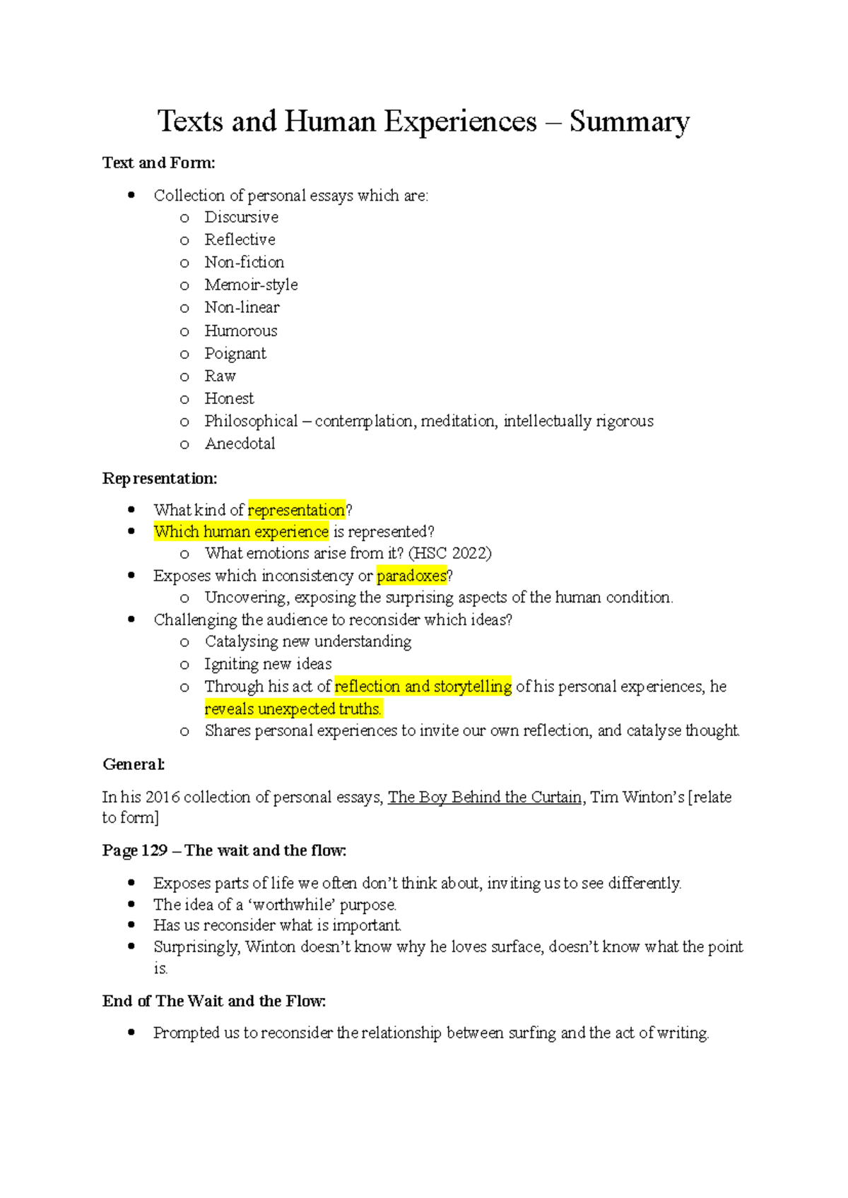 Texts and Human Experiences - Summary - Texts and Human Experiences ...