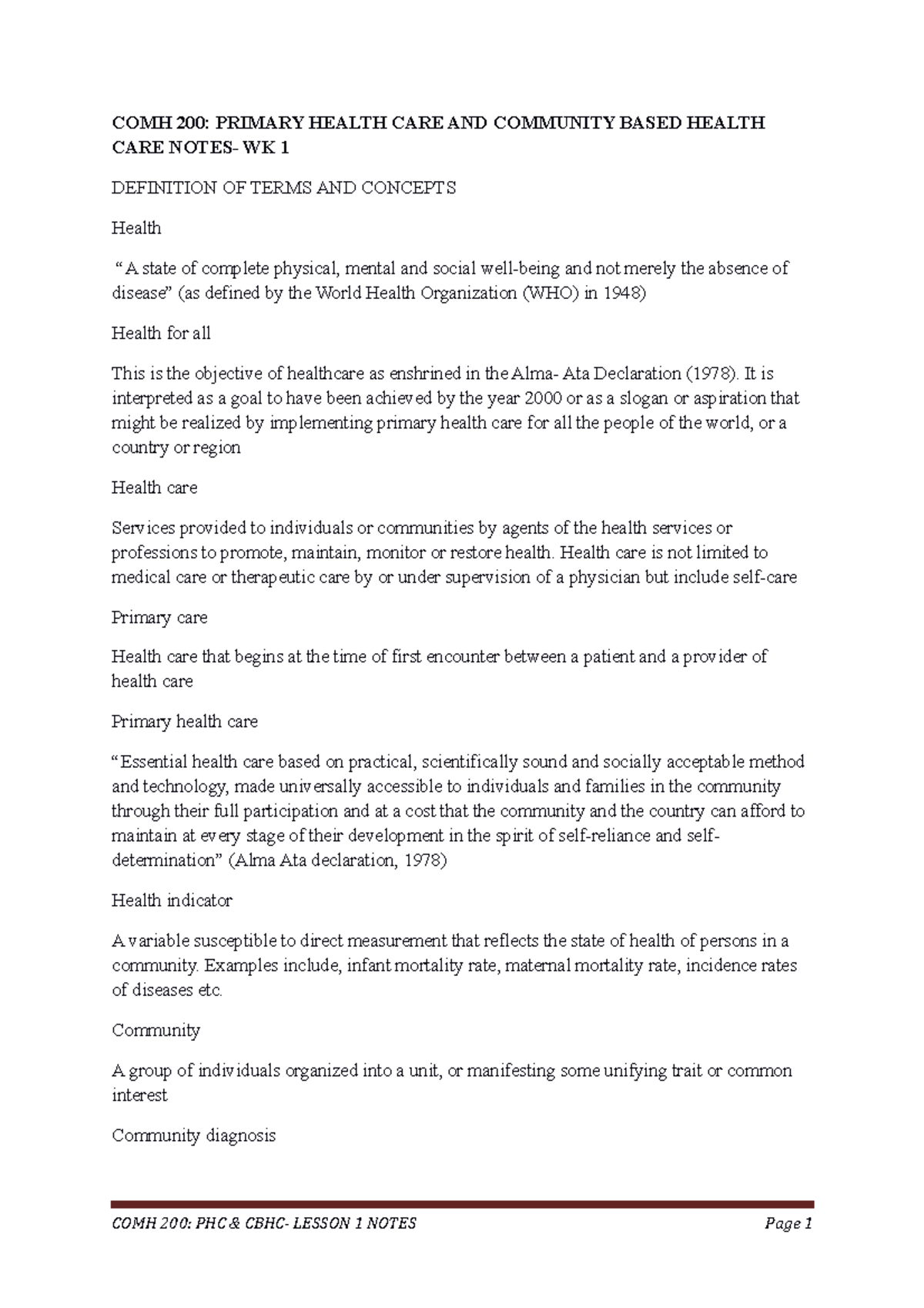 Lecture 1-introduction to PHC - COMH 200: PRIMARY HEALTH CARE AND ...