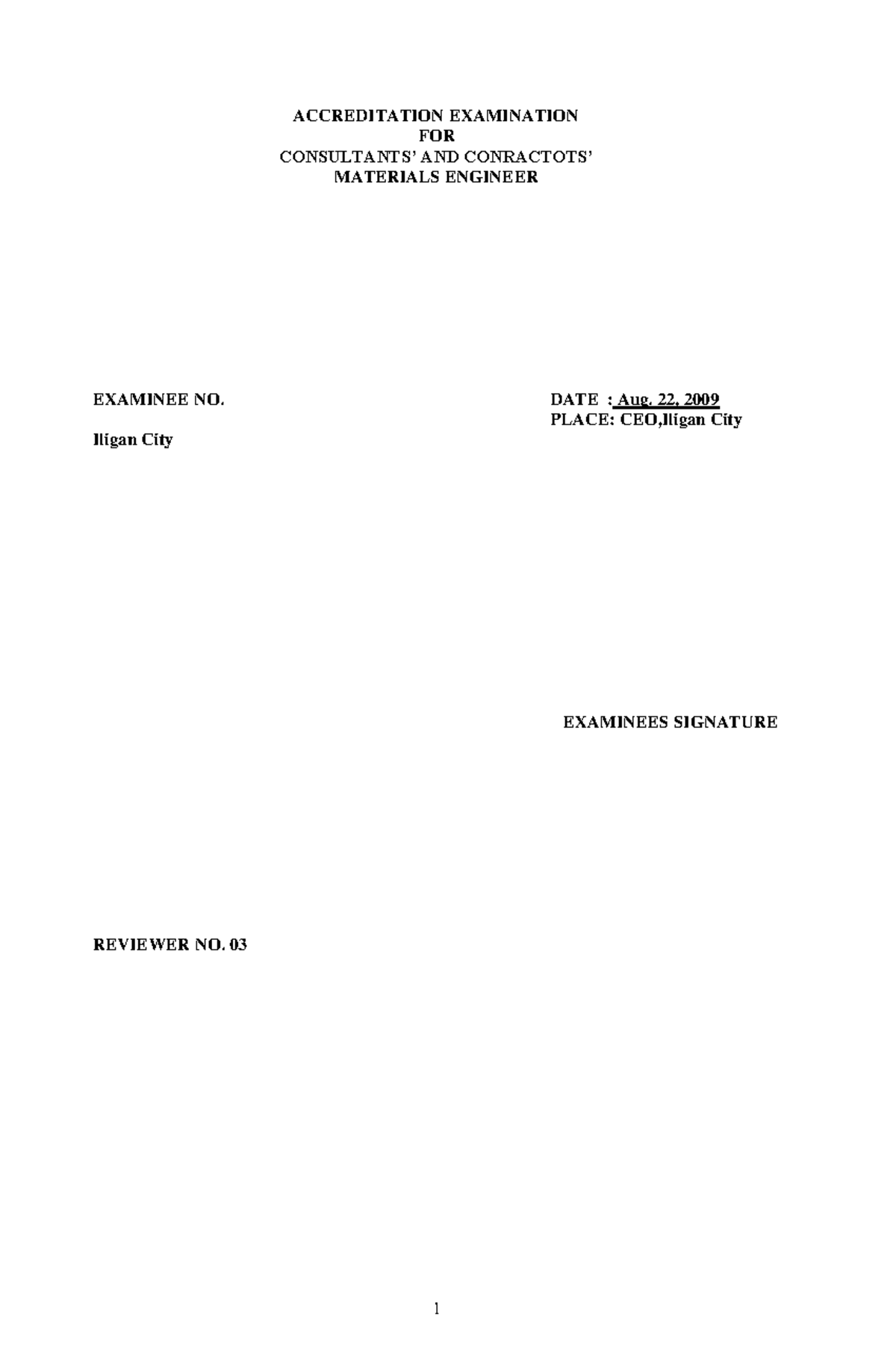 materials engineer - ACCREDITATION EXAMINATION FOR CONSULTANTS’ AND ...