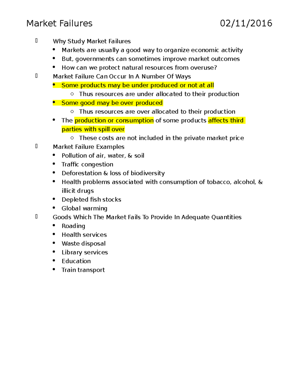 Market Failures - Combination of book outline & lecture notes - Market ...