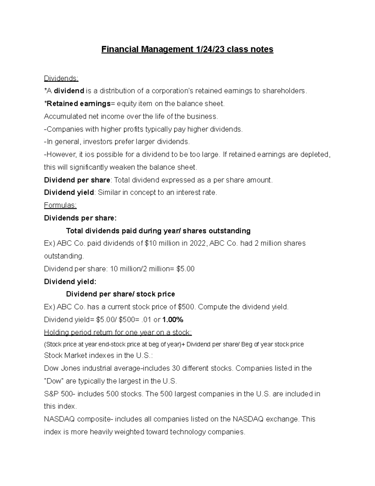 Financial Management 1 24 23 class notes - Financial Management 1/24/23 ...