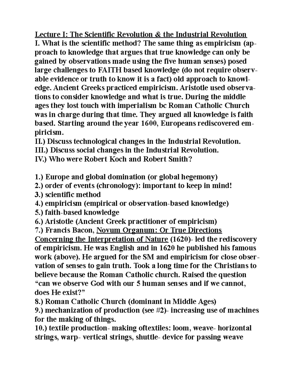 Lecture 1 Notes WH - Lecture I: The Scientific Revolution & the ...