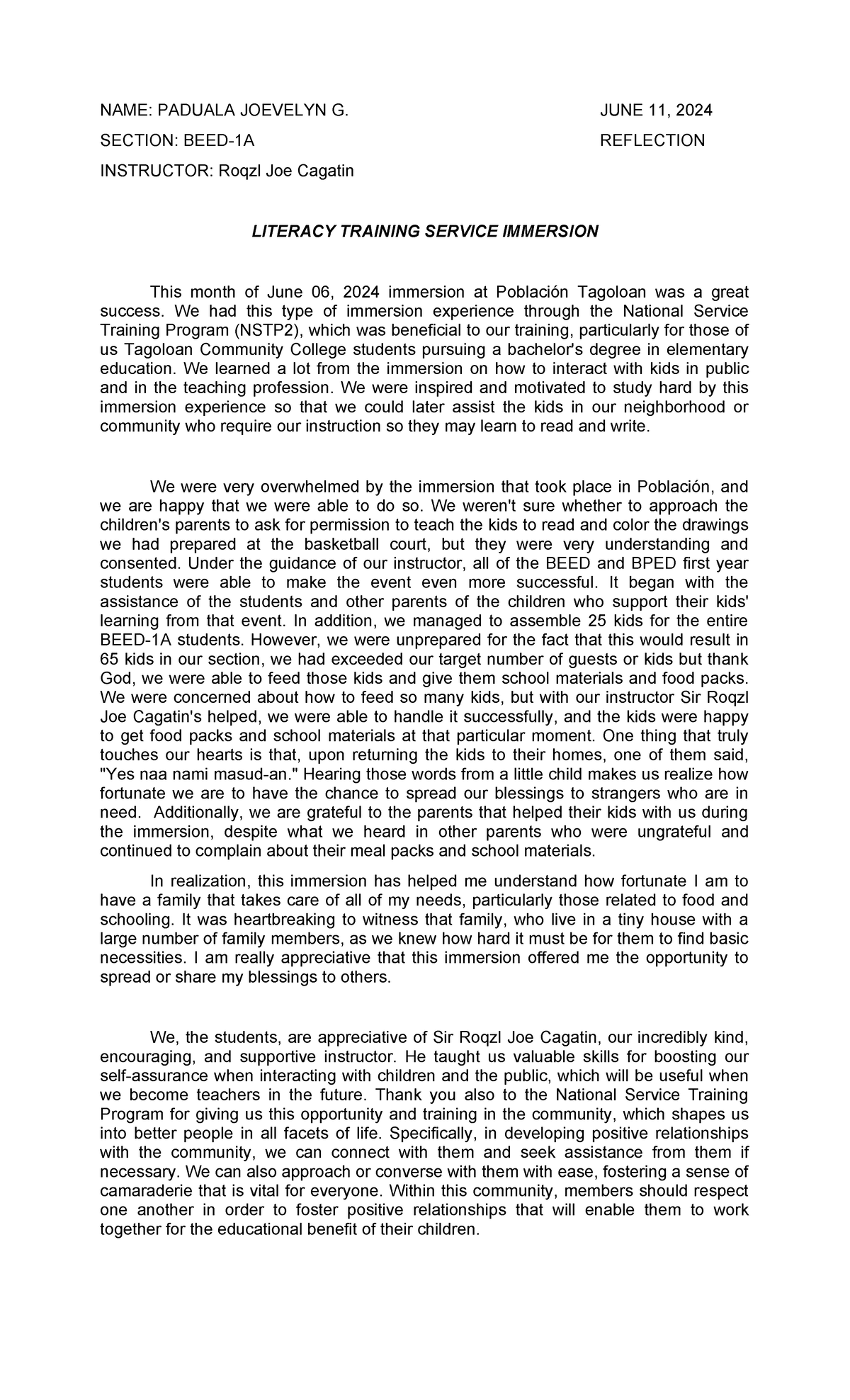 Reflection FOR NSTP - nstp - NAME: PADUALA JOEVELYN G. JUNE 11, 2024 ...