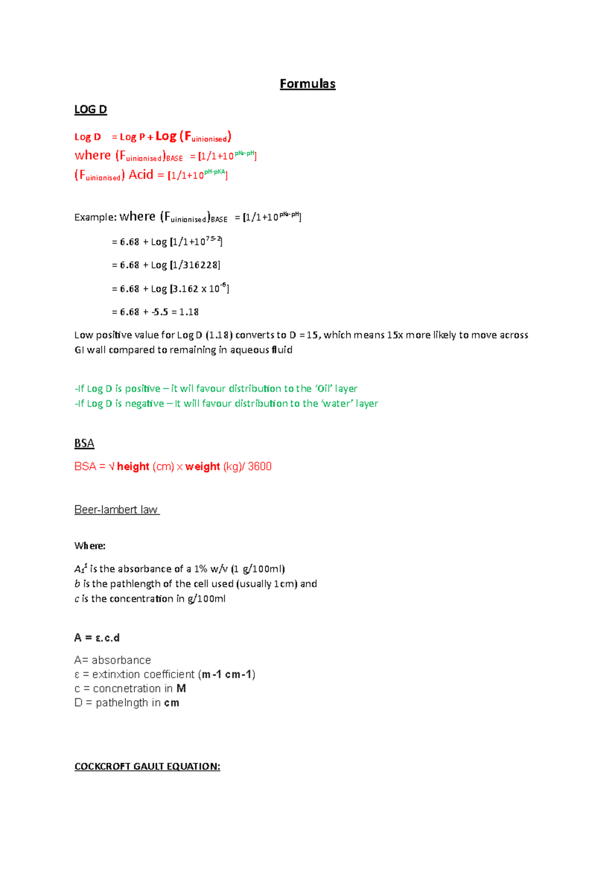 common formulas used - Formulas LOG D Log D = Log P + Log (Fuinionised ...