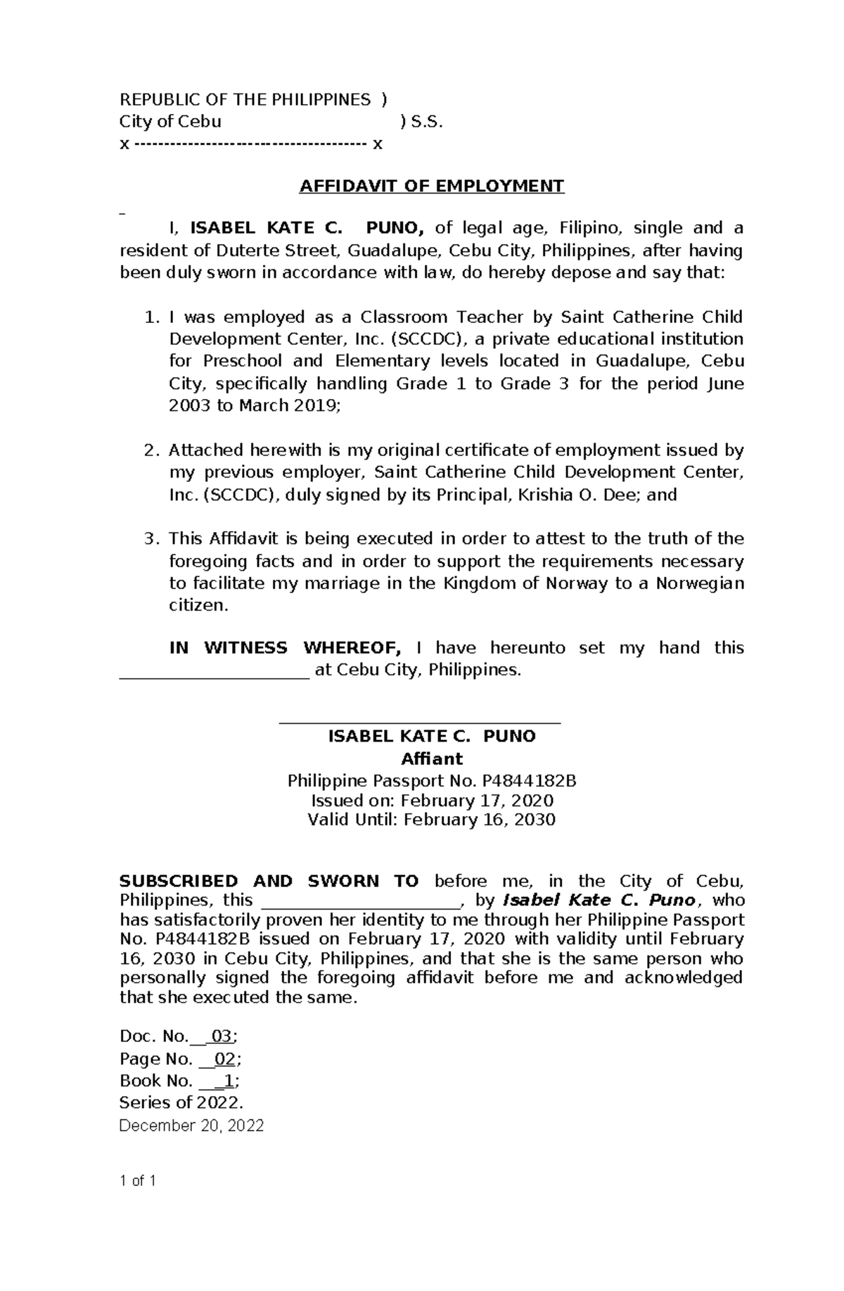 Affid COE Isabelcopy - REPUBLIC OF THE PHILIPPINES ) City of Cebu ) S ...