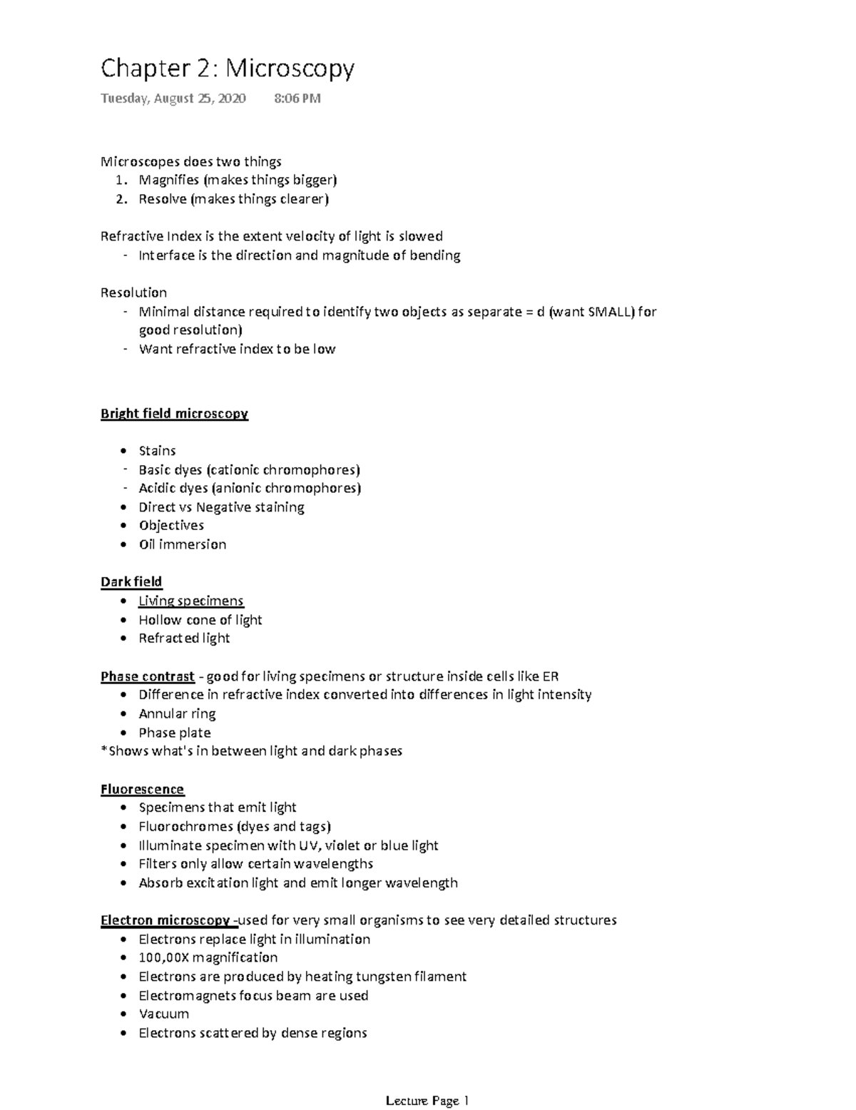 Chapter 2 Microscopy - Lecture notes 2 - Magnifies (makes things bigger ...