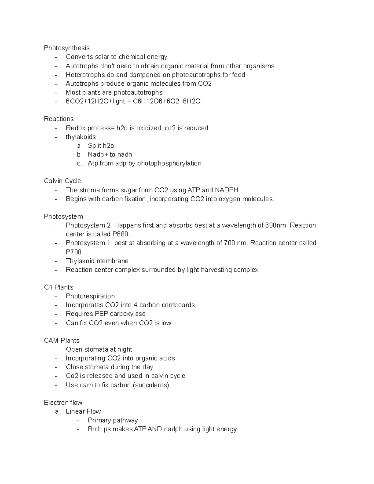 Ch10notesbio - chapter 10 notes - Photosynthesis - Converts solar to ...