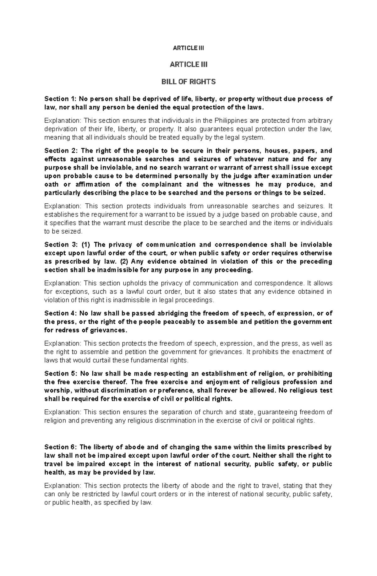 Article III BILL OF Rights - ARTICLE III ARTICLE III BILL OF RIGHTS ...