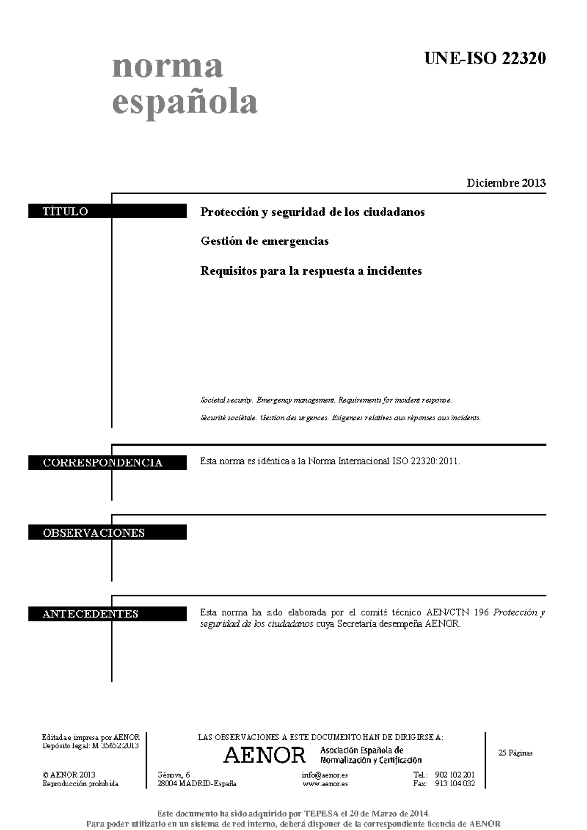 UNE - ISO 22330 Emergencias - norma español TÍTULO Protec Gestió Requi ...
