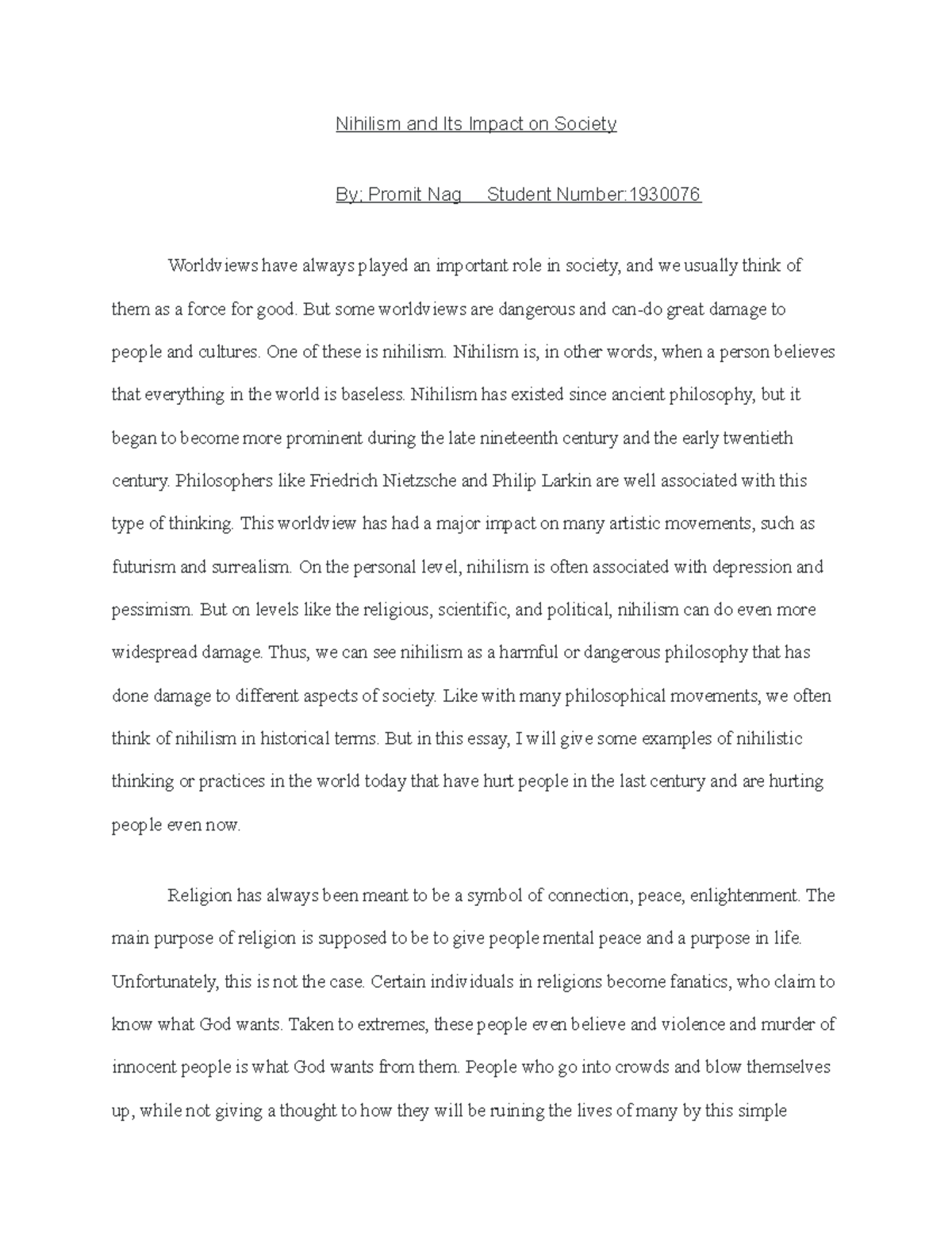 Esaayfromcollege4 - Nihilism and Its Impact on Society By; Promit Nag ...