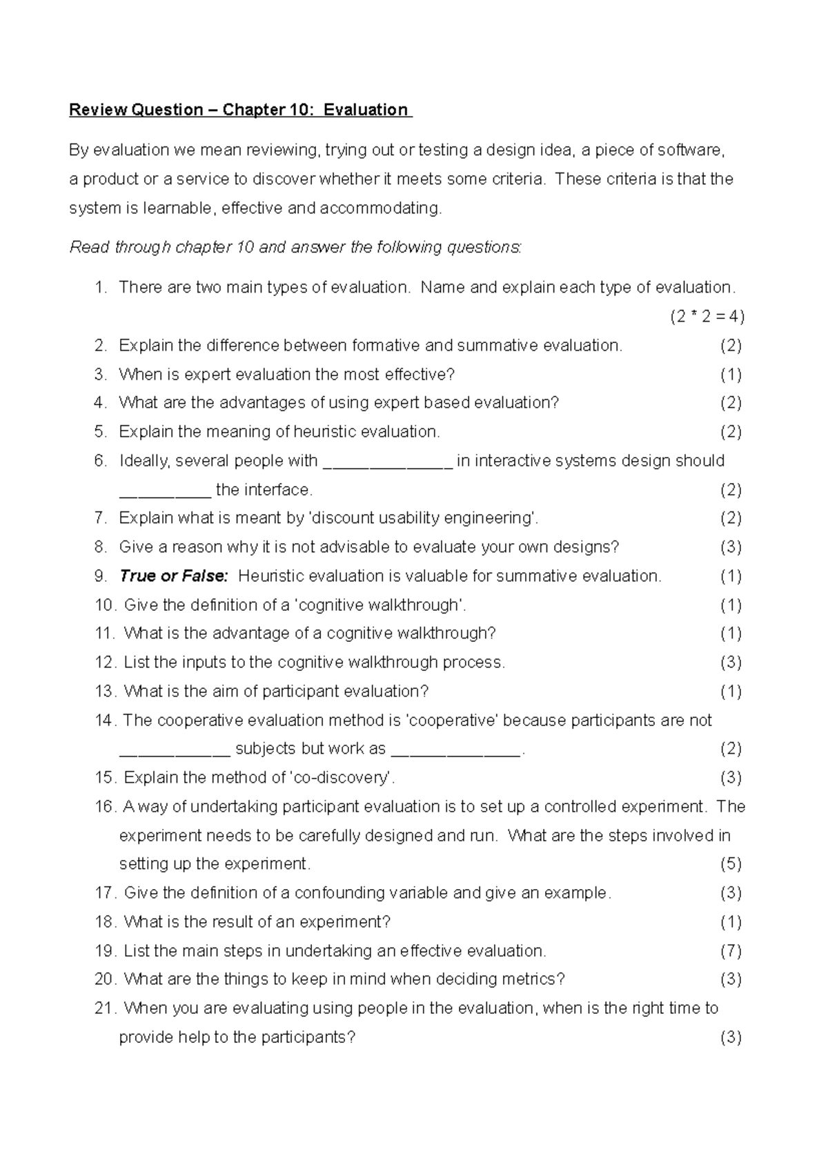Review Questions chapter 10 - Review Question – Chapter 10: Evaluation ...