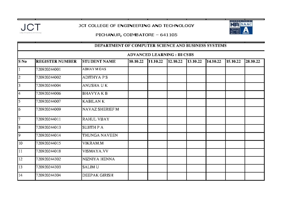 Advanced Learning - nil - S No REGISTER NUMBER STUDENT NAME 10.10 11.10 ...