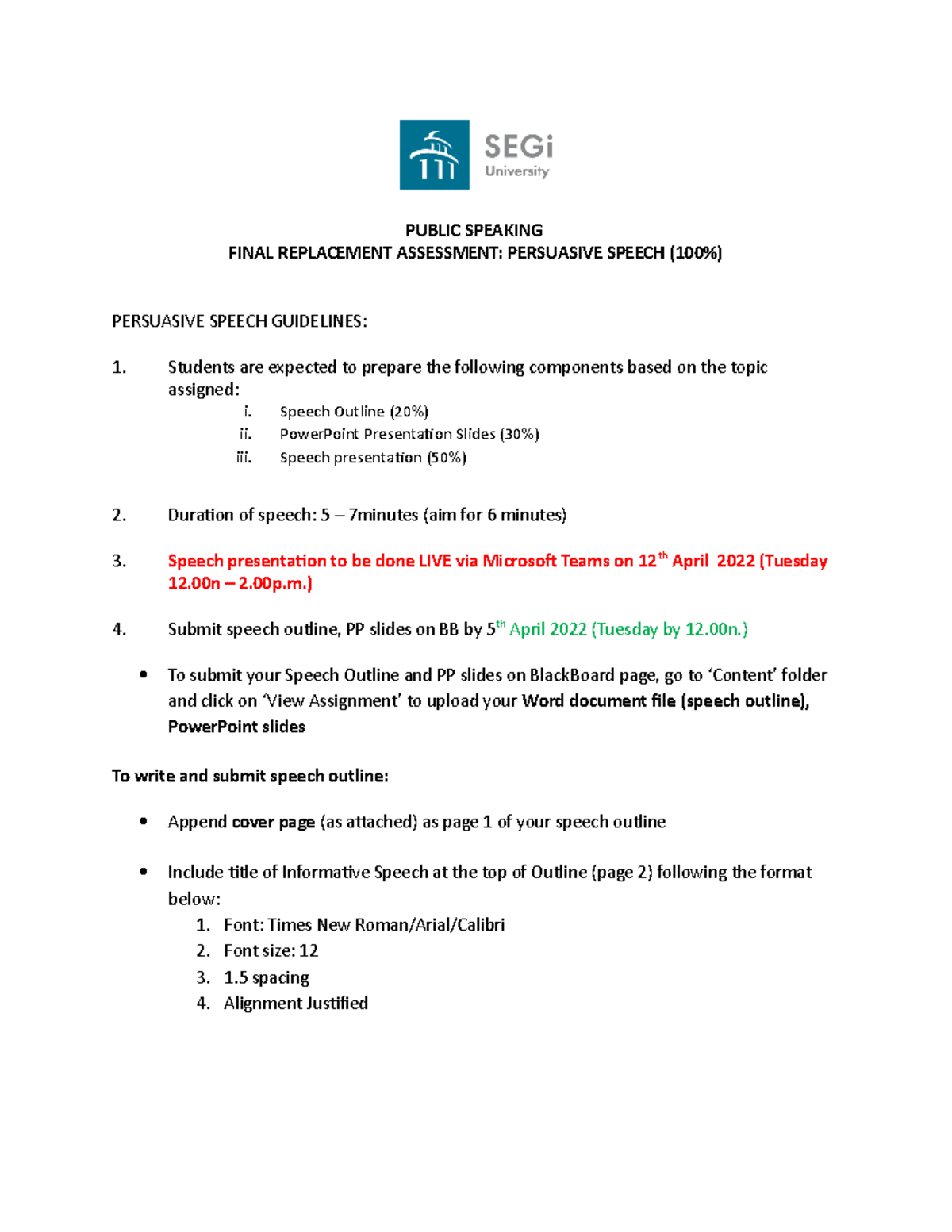 FA Persuasive Speech Outline for Semester 1 - PUBLIC SPEAKING FINAL ...
