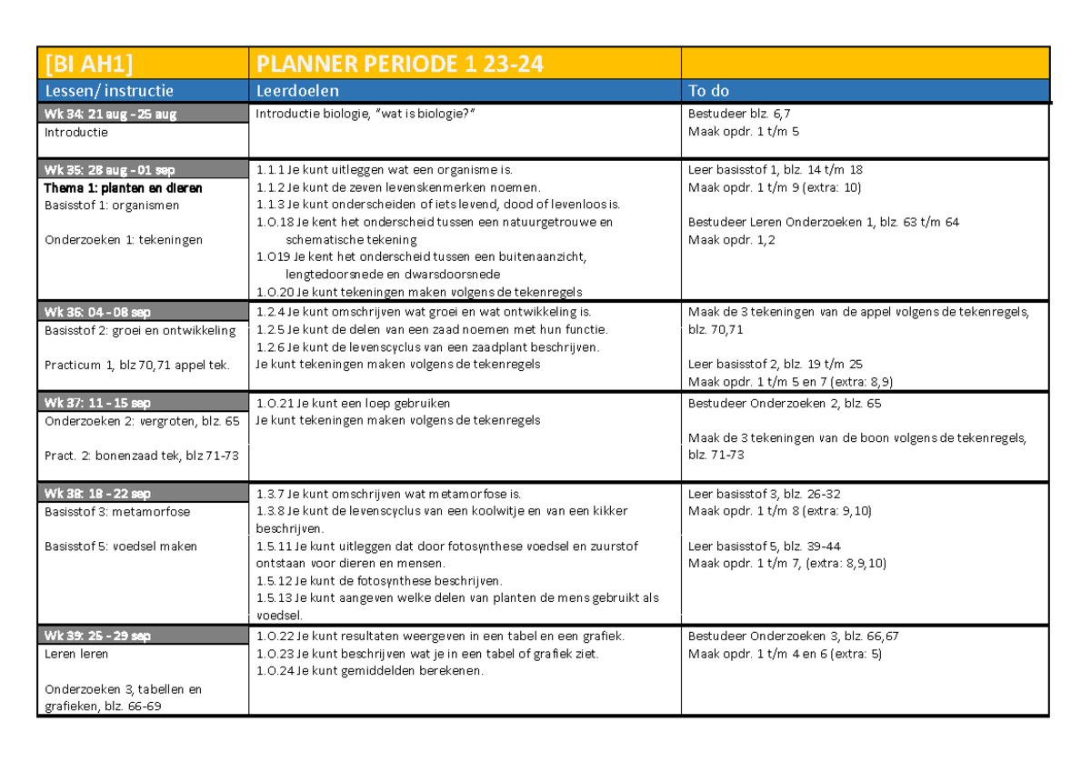 BI-P1- Planner 23-24 - havo/vwo leerjaar 1 - [BI AH1] PLANNER PERIODE 1 ...
