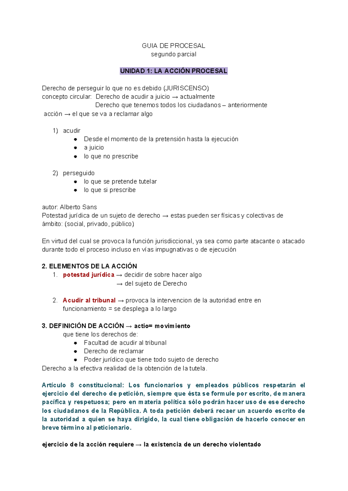 GUIA DE Procesal - GUIA DE PROCESAL segundo parcial UNIDAD 1: LA ACCIÓN ...