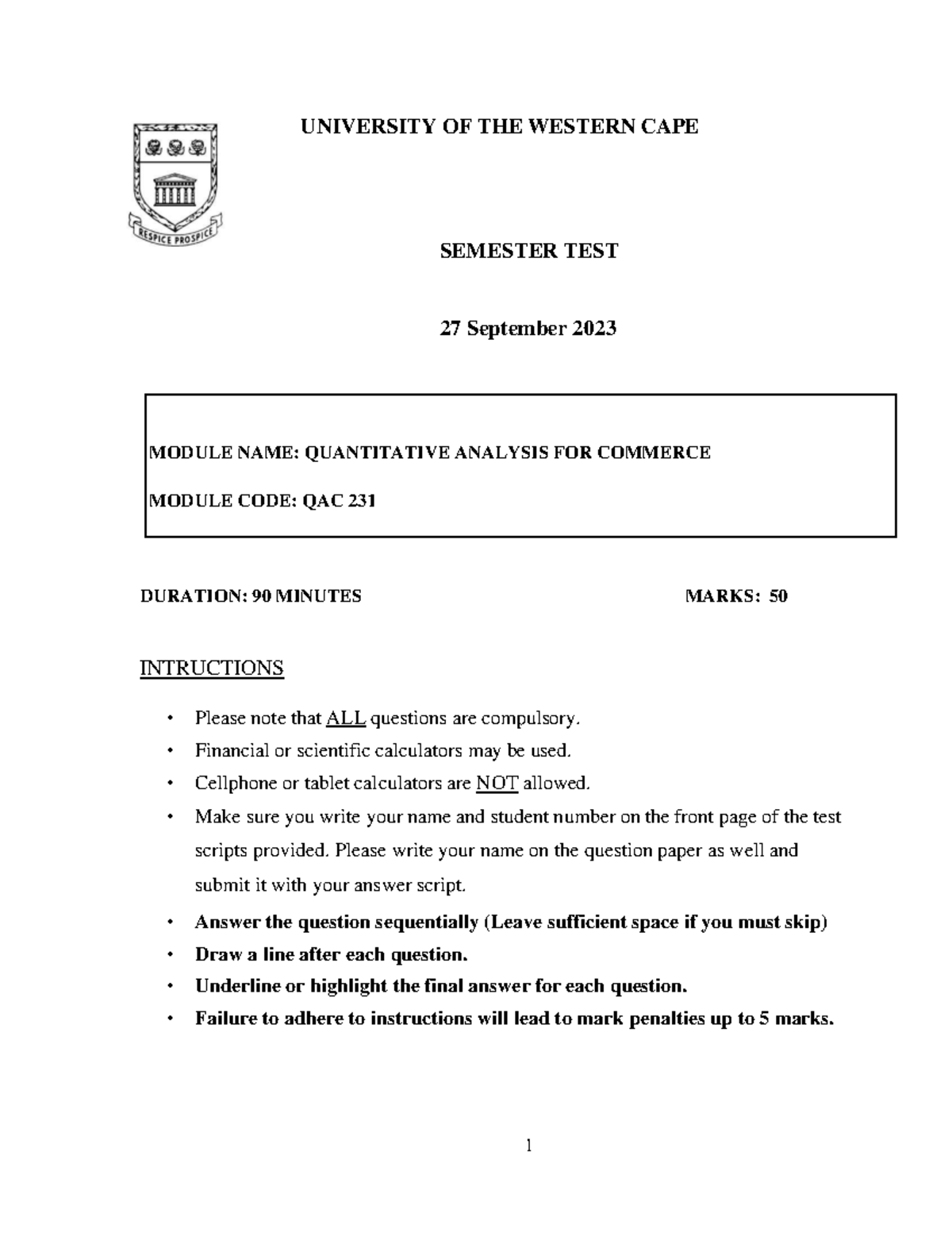 QAC231 Semester Test 2024 - UNIVERSITY OF THE WESTERN CAPE SEMESTER ...