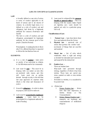 LAW (Non-exhaustive notes) - LAW, ITS CONCEPTS and CLASSIFICATIONS ...