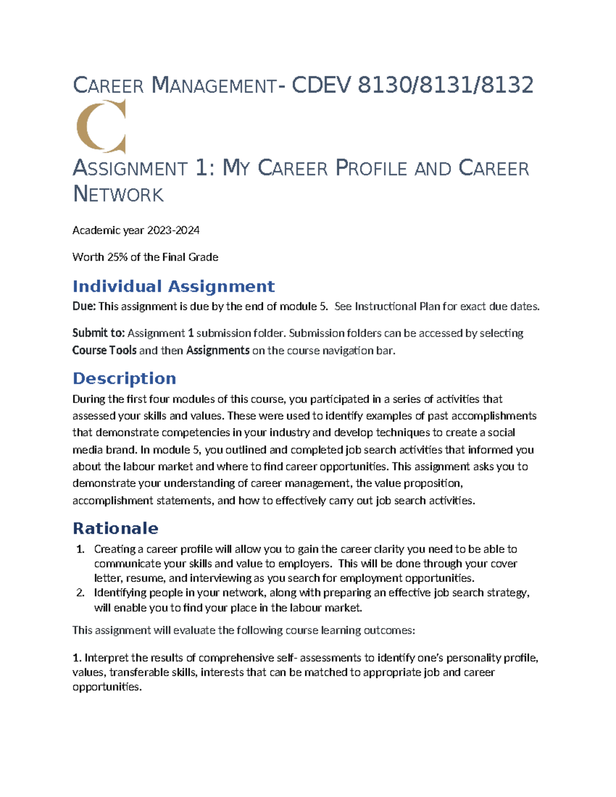 CDEV8130 Career Management Assignment 1 My Career Profile and Career ...