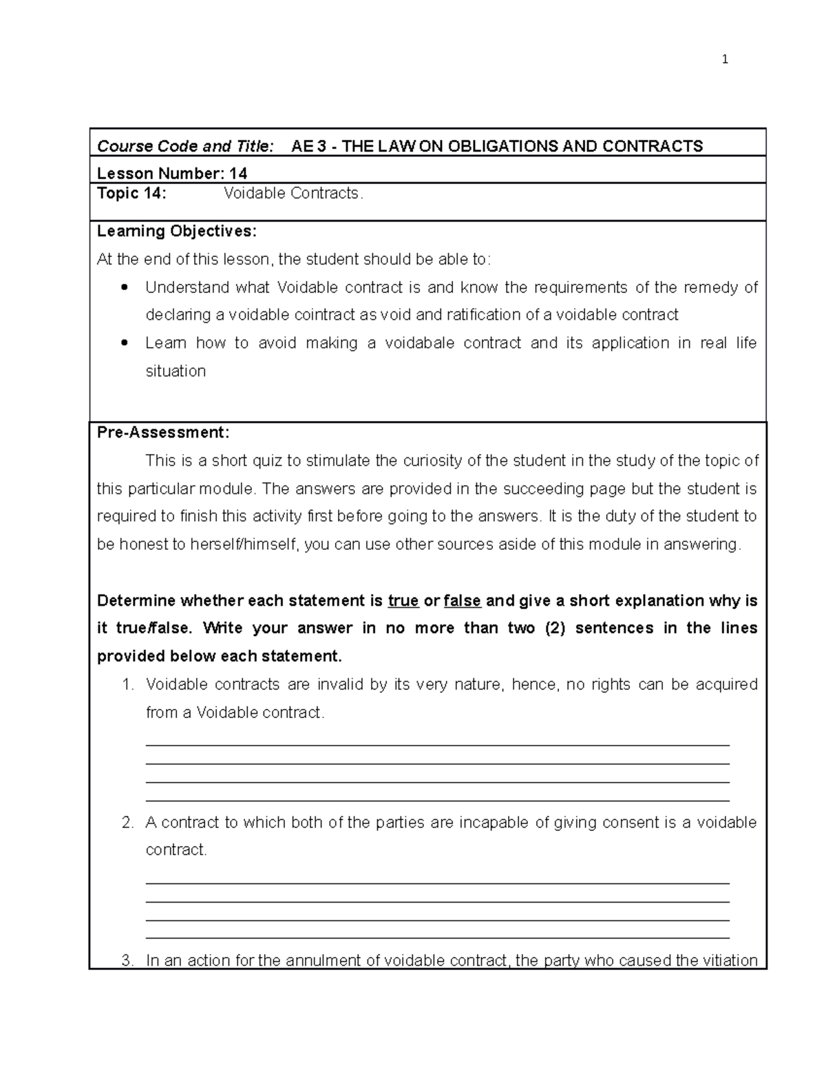Obligation and Contract Module 14 template - Course Code and Title: AE ...