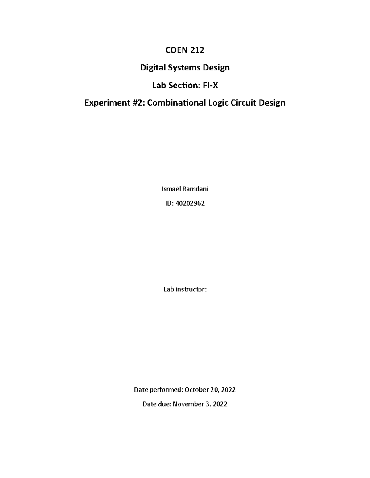 Coen212 lab2 - coen 212 digital systems design | lab 2 report 2022-2023 - COEN 212 Digital ...