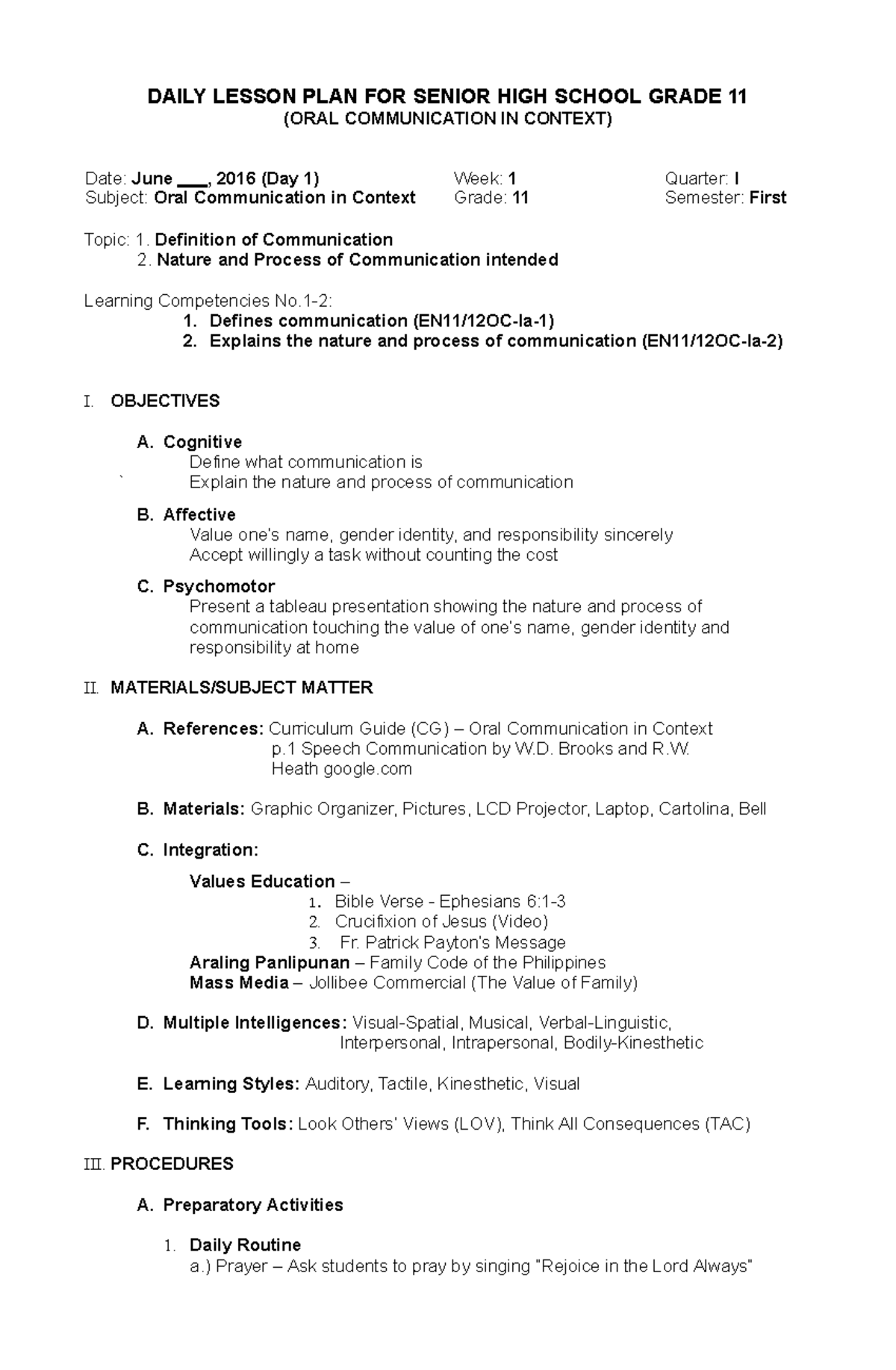 Lesson plan oral communication - DAILY LESSON PLAN FOR SENIOR HIGH ...