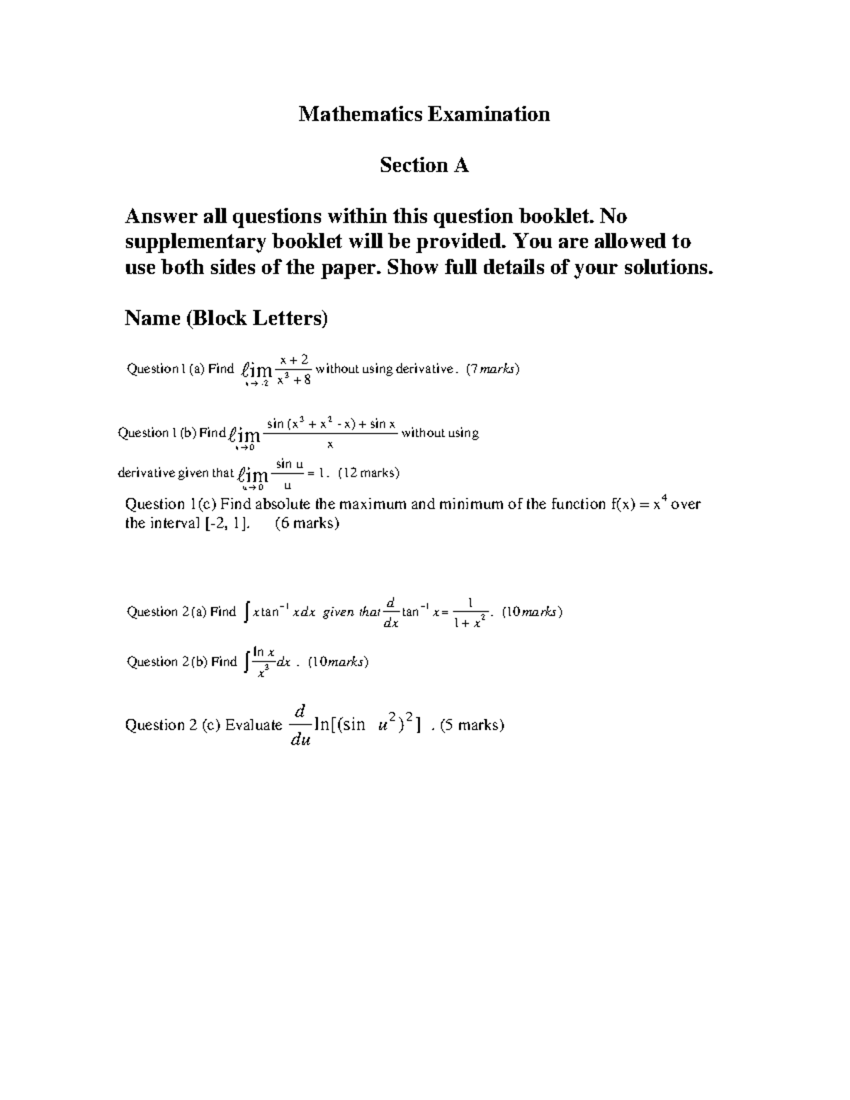 Maths Sample Test Paper - Mathematics Examination Section A Answer all ...