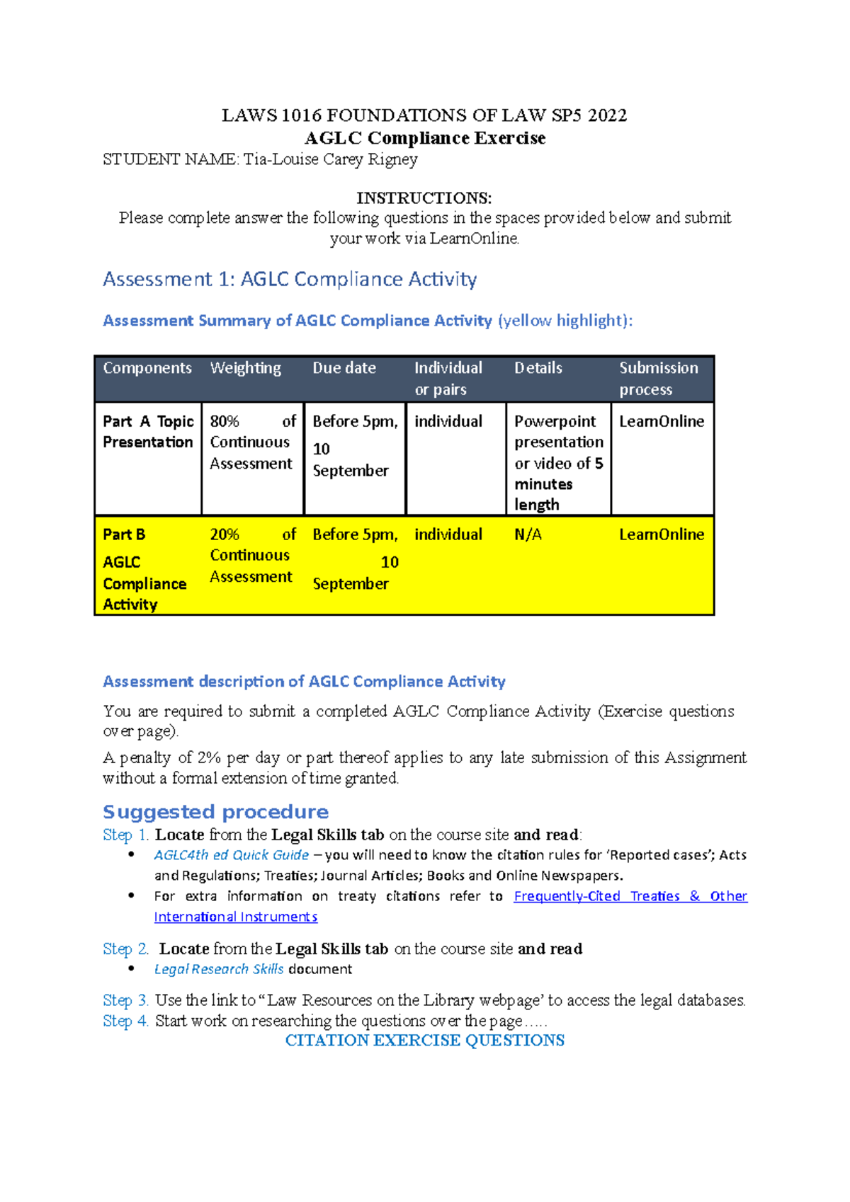 FOL SP5 2022 AGLC Compliance Exercise - LAWS 1016 FOUNDATIONS OF LAW ...