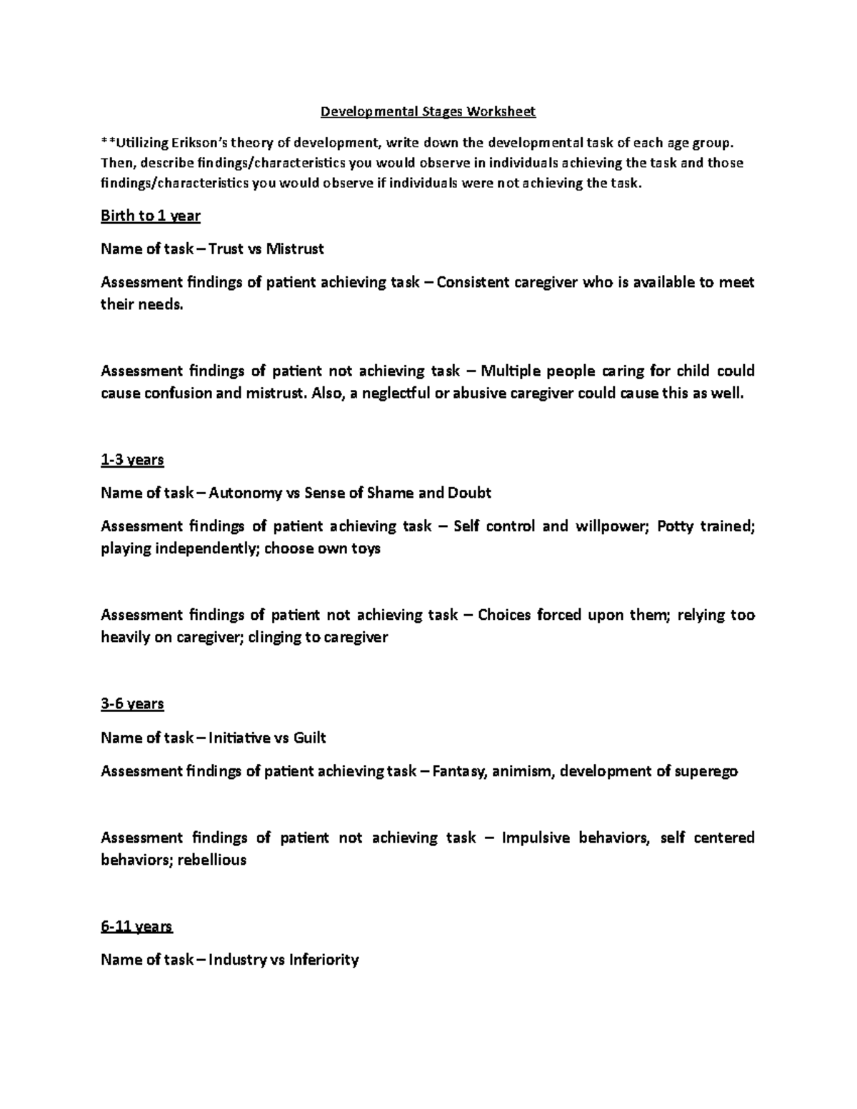 Developmental Stages Worksheet - Developmental Stages Worksheet ...