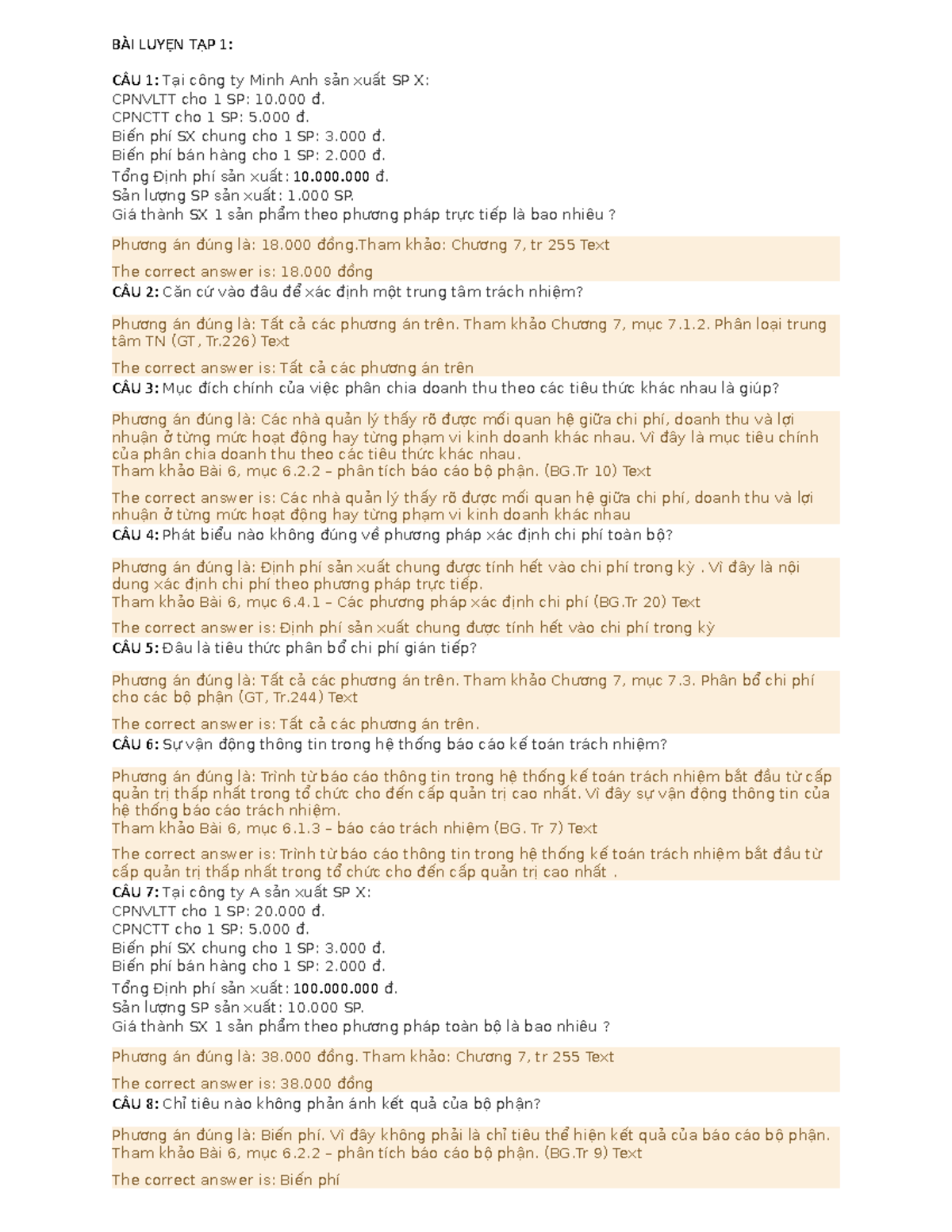 ĐÁP ÁN KẾ TOÁN QUẢN TRỊ 2 - Dap an - BÀI LUY N T P 1:Ệ Ậ CÂU 1: Tại công ty Minh Anh sản xuất SP ...