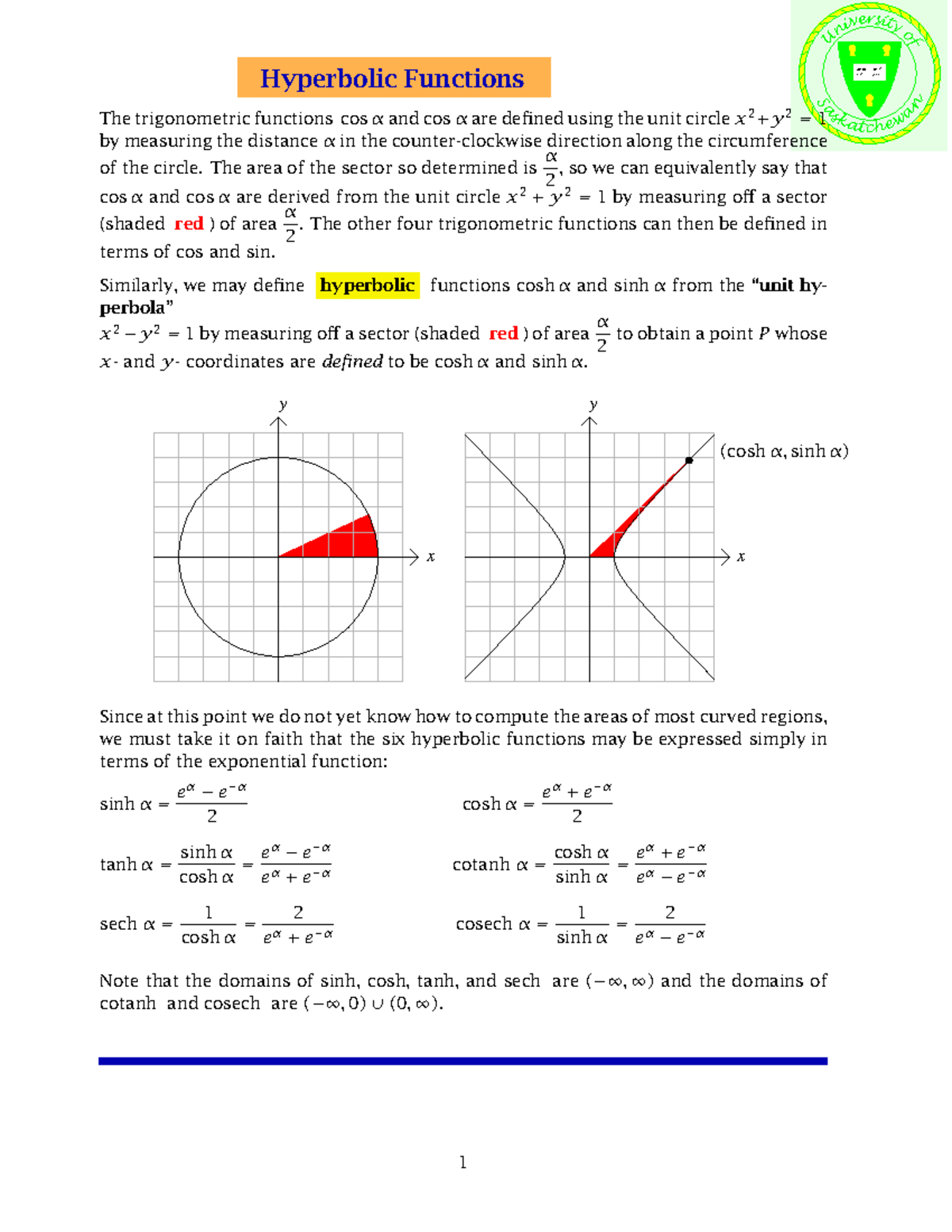 Hyperbolic Functions - Notes - Un iversity o f Sa ska tchewa n DEOET ...