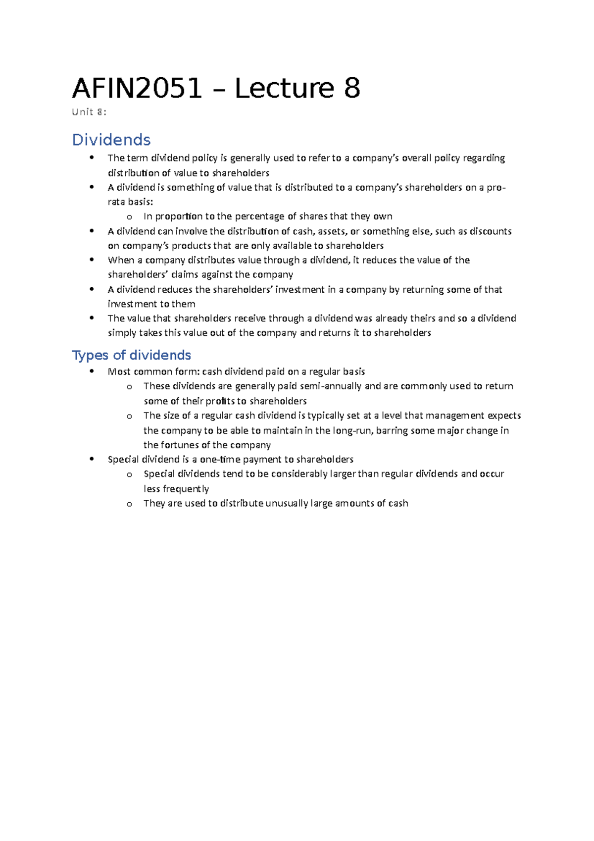 AFIN2053 - Lecture 8 2021 - AFIN2051 – Lecture 8 Unit 8: Dividends The ...