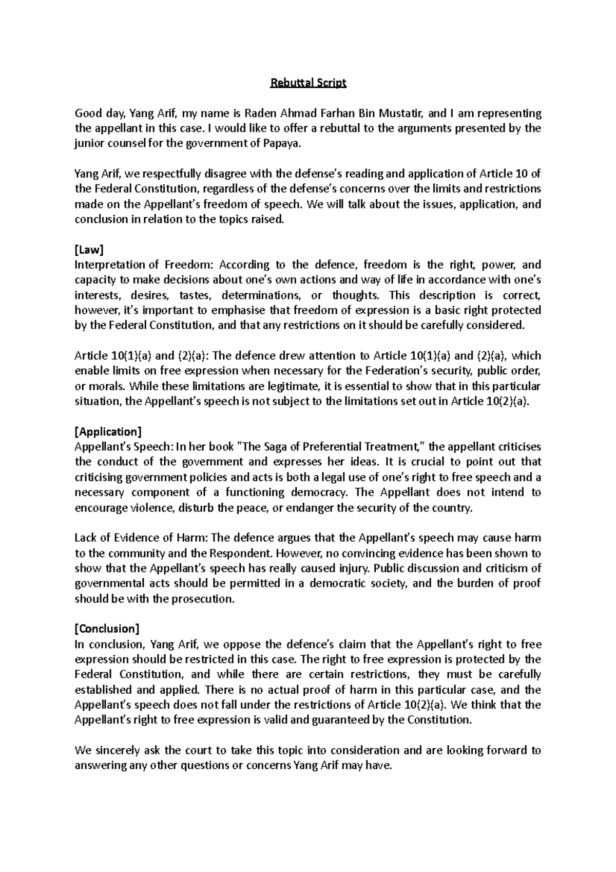 Rebuttal Script - Rebuttal Script Good day, Yang Arif, my name is Raden Ahmad Farhan Bin ...