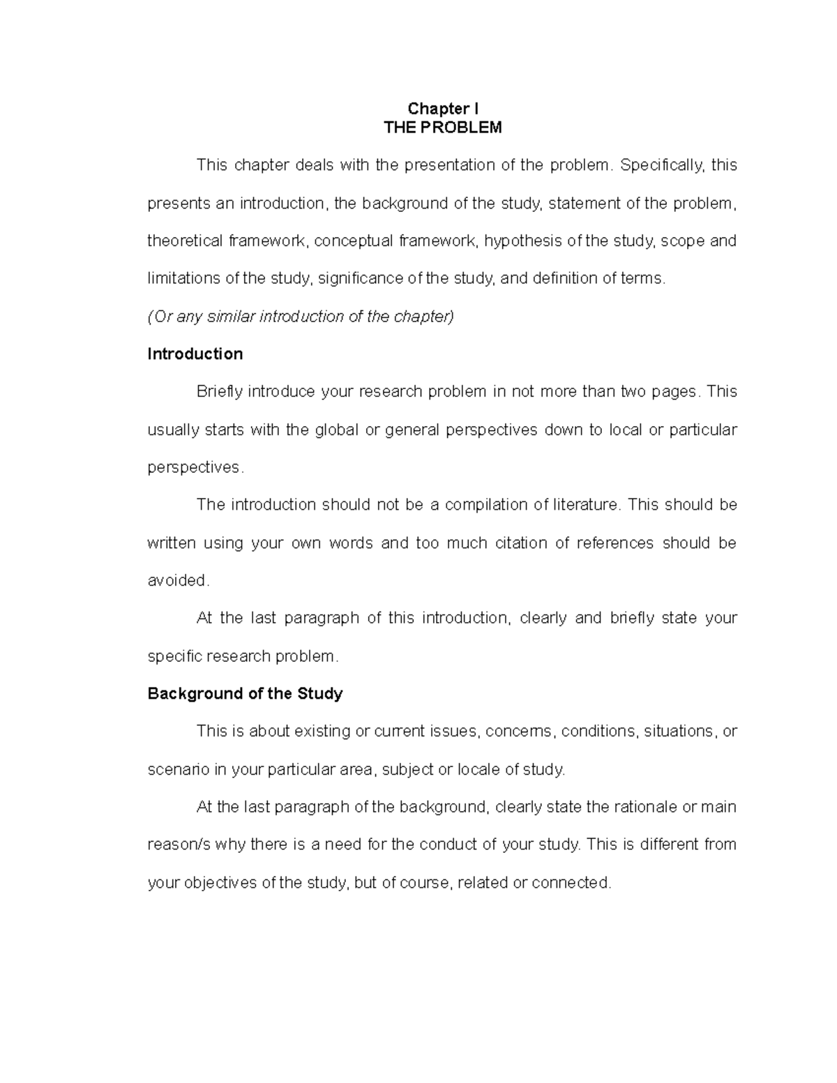 Main Body thesis format - Chapter I THE PROBLEM This chapter deals with ...