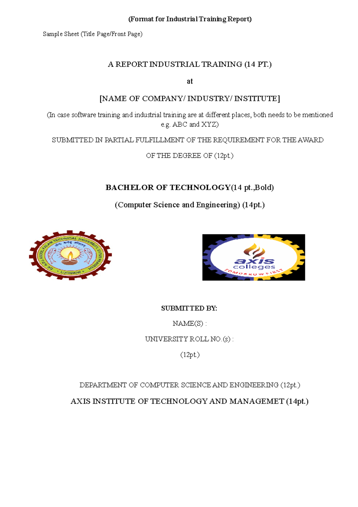 Industrail training report format - (Format for Industrial Training Report) Sample Sheet (Title ...