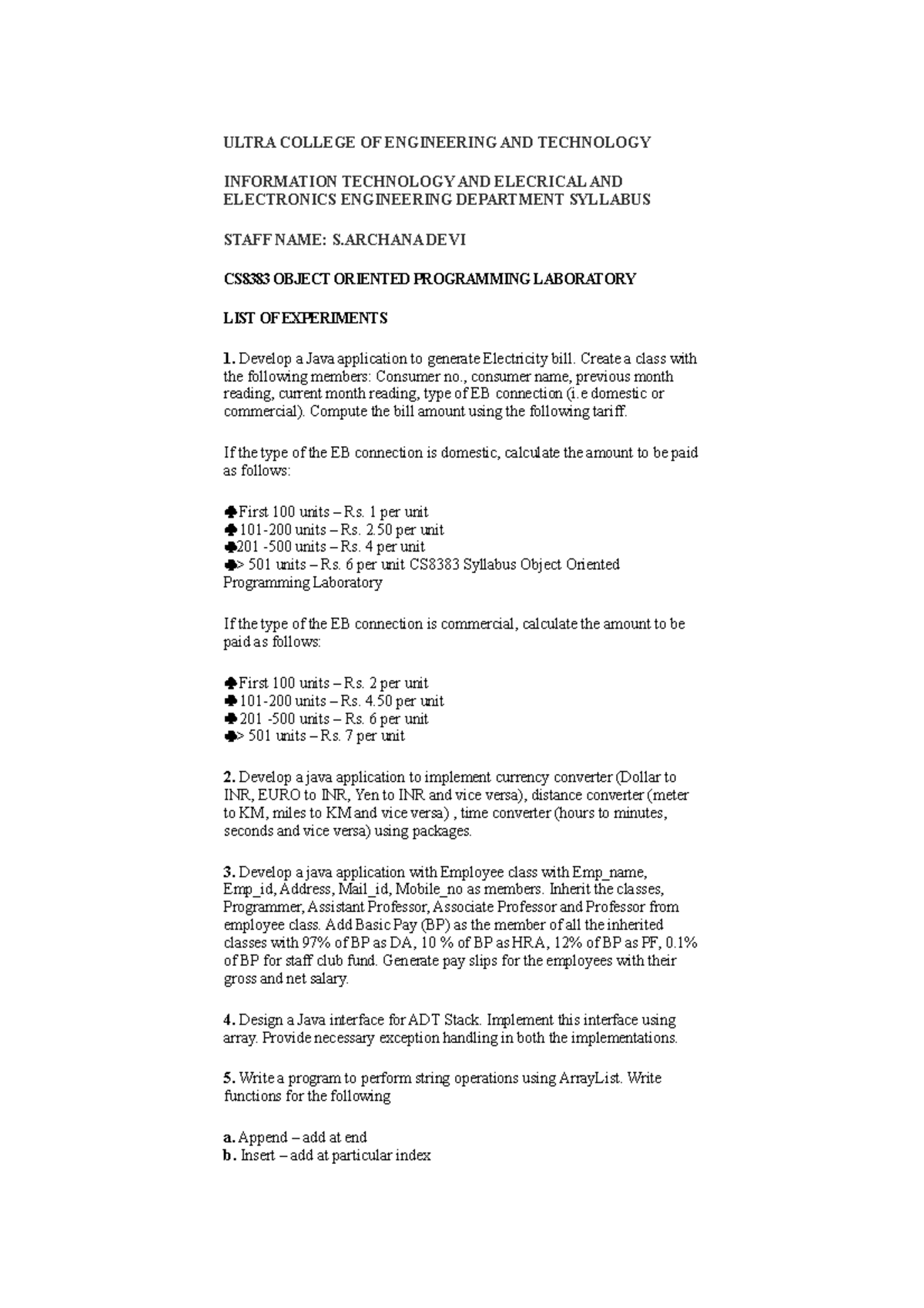 CS8383 LAB - good - ULTRA COLLEGE OF ENGINEERING AND TECHNOLOGY INFORMATION TECHNOLOGY AND ...