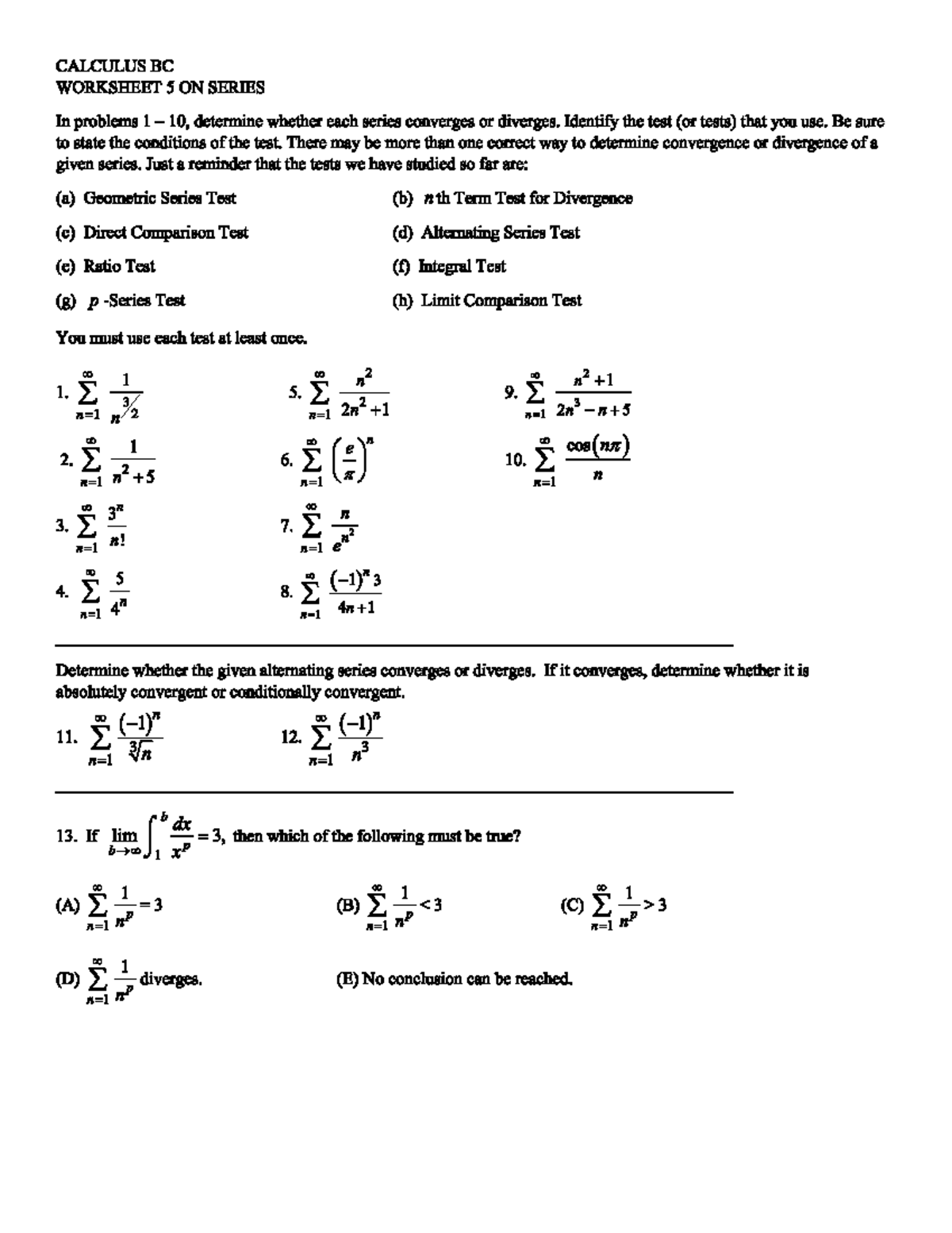 Practice Worksheet on Series 5 - CALCULUS BC WORKSHEET 5 ON SERIES In ...