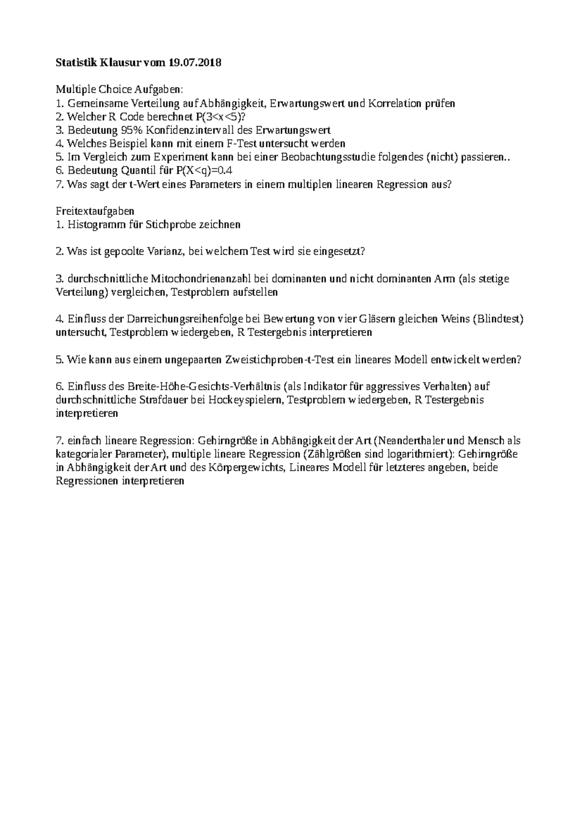 Statistik 1. Klausur 2018 - Statistik Klausur vom 19. Multiple Choice Aufgaben: Gemeinsame - Studocu
