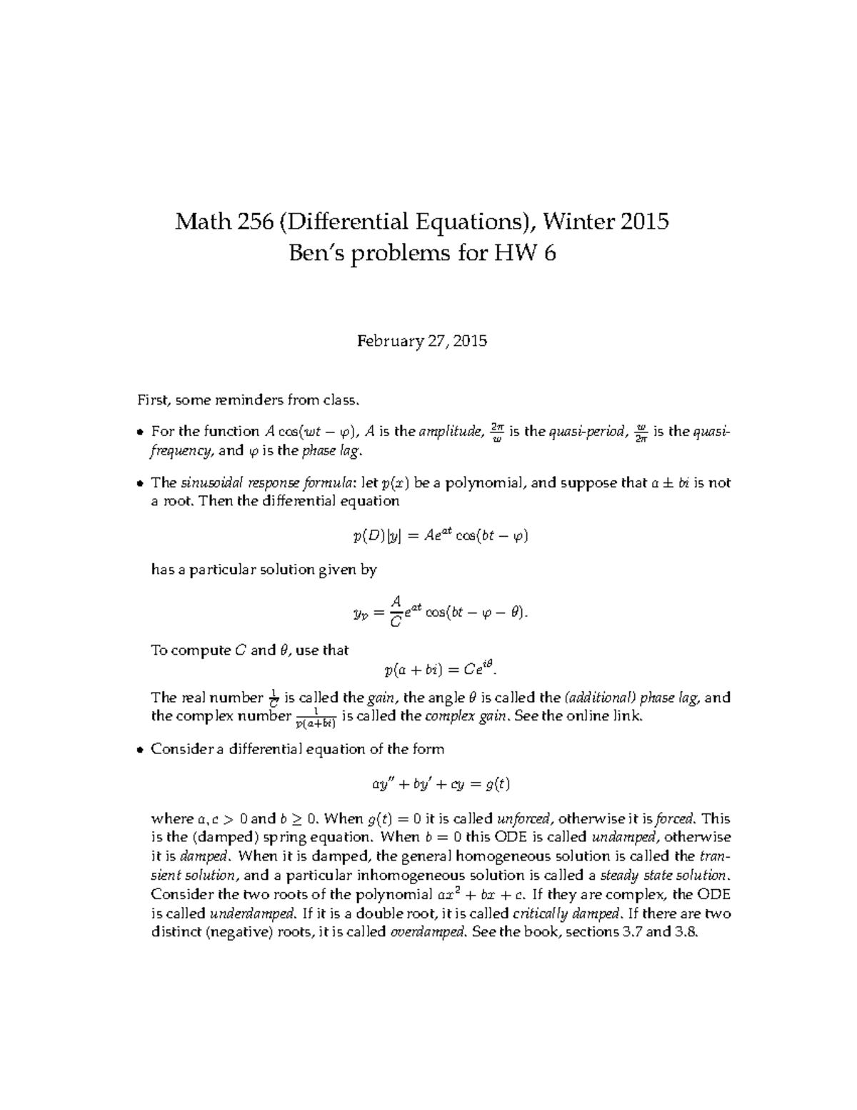 Sinusoidal Homework - Math 256 (Differential Equations), Winter 2015 problems for HW 6 February ...