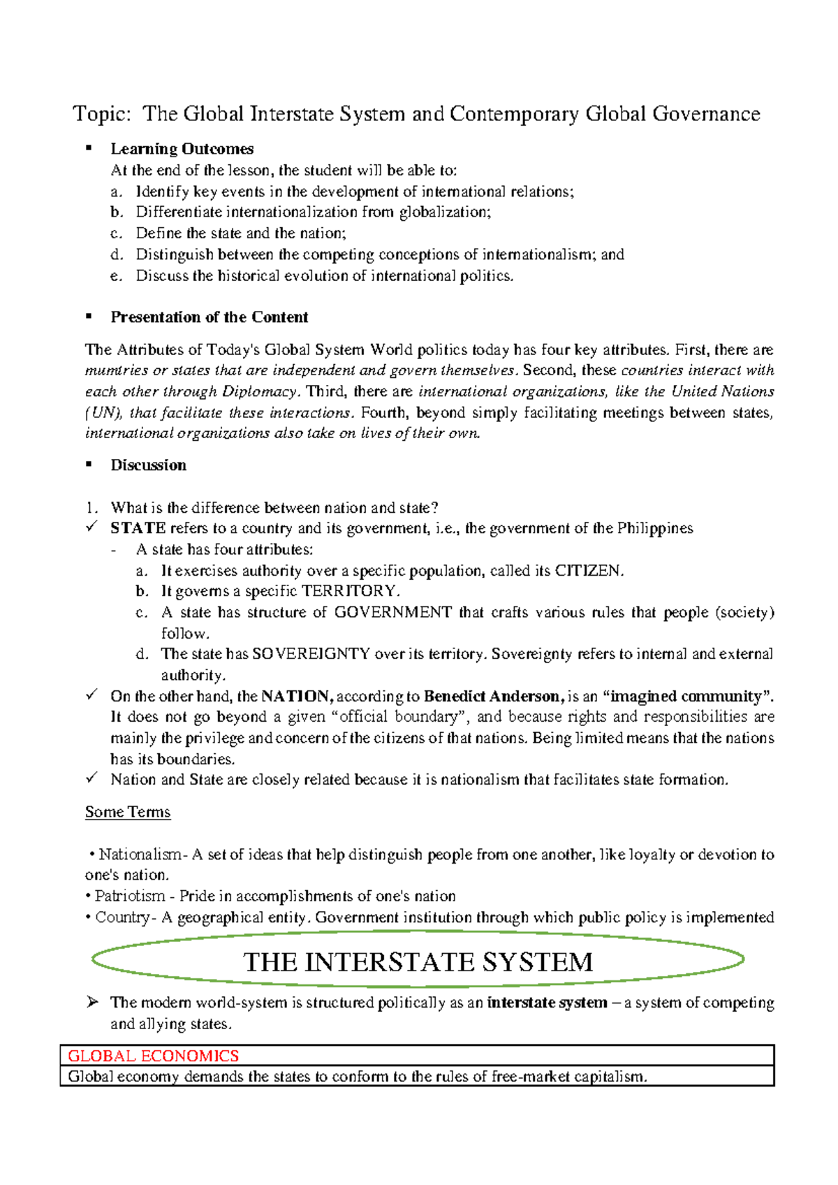 CONTEMPORARY WORLD - Topic: The Global Interstate System and ...