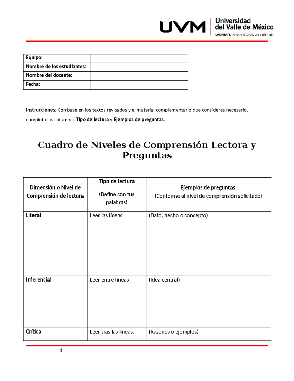 U1 Cuadro Niveles Comprension Lectora Francisco - Instrucciones: Con ...