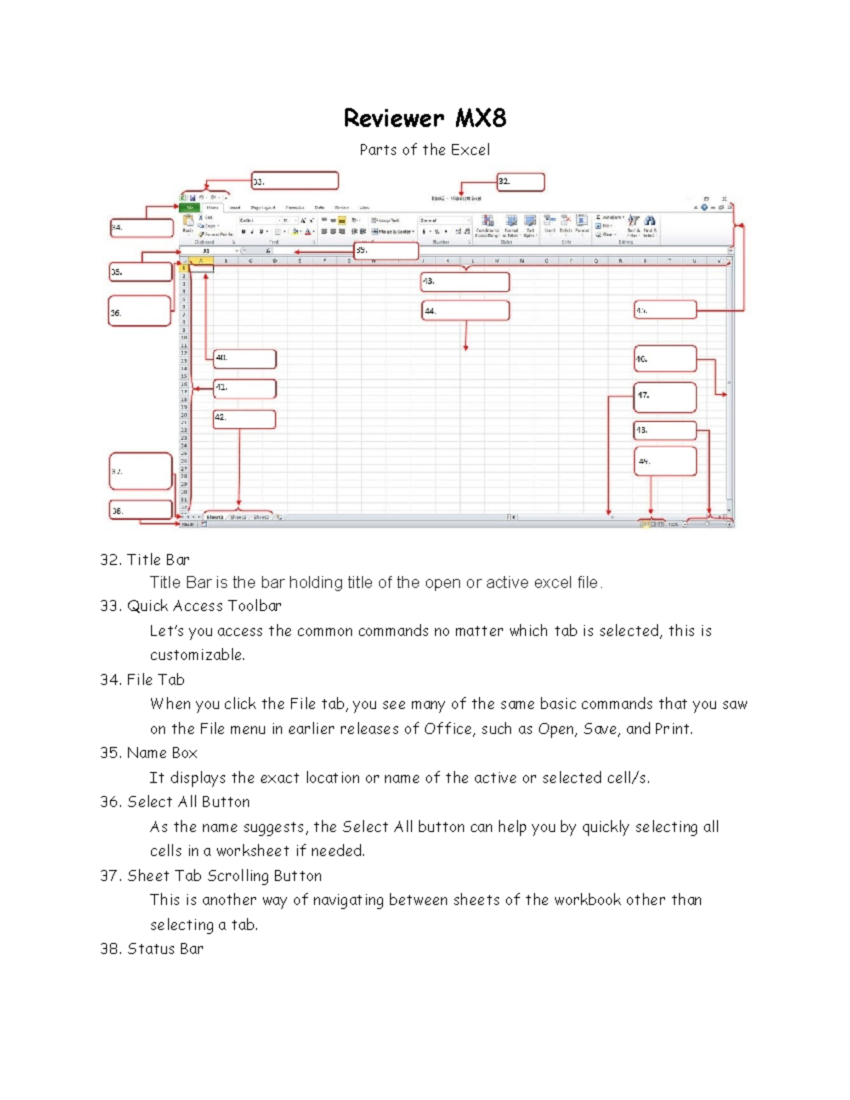 Parts of the Excel - Reviewer MX Parts of the Excel 32. Title Bar Title ...