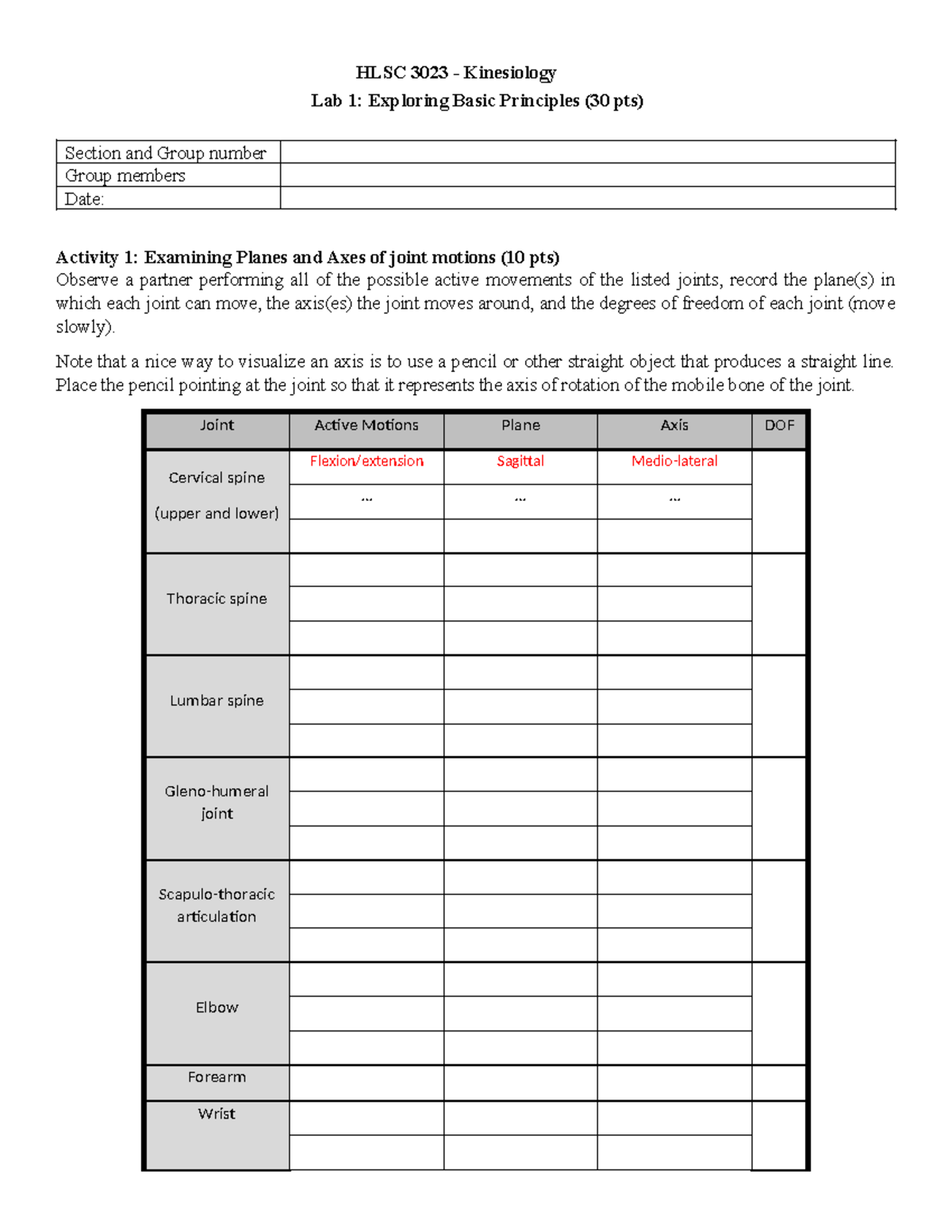 Kinesiology Lab 1 - Lab document - HLSC 3023 - Kinesiology Lab 1 ...