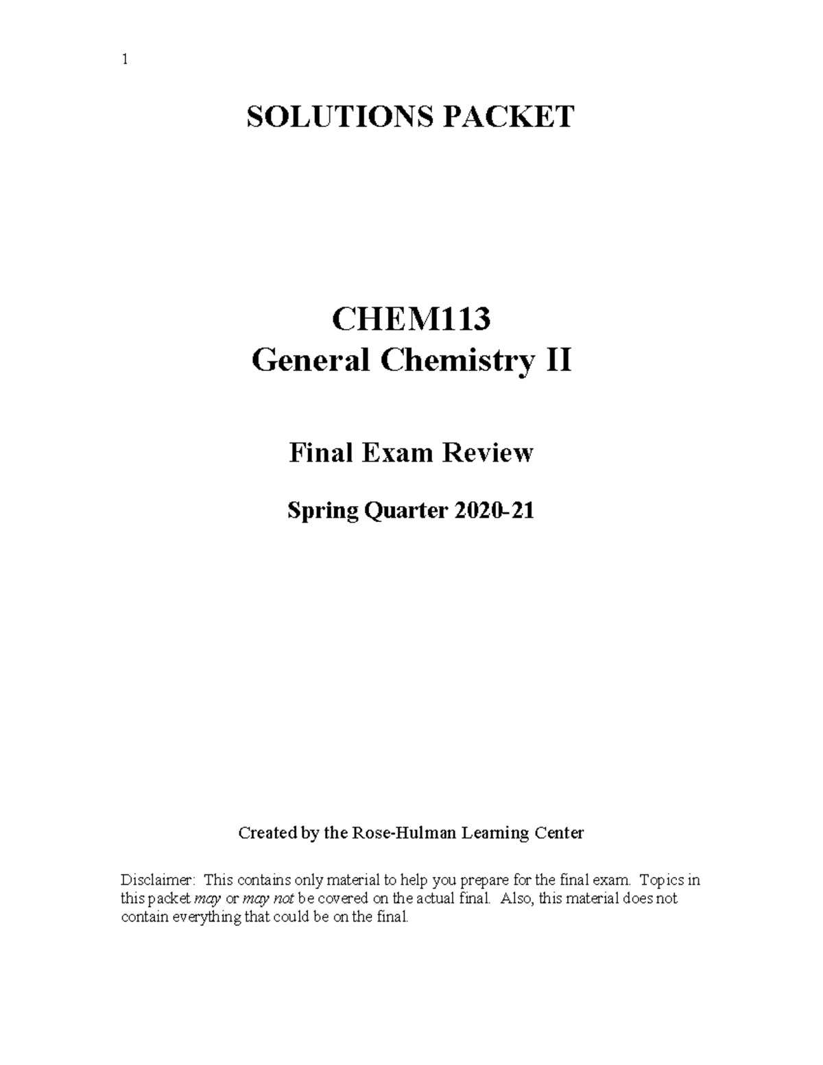 CHEM113 Solutions Packet Spring 2021 - SOLUTIONS PACKET CHEM General ...