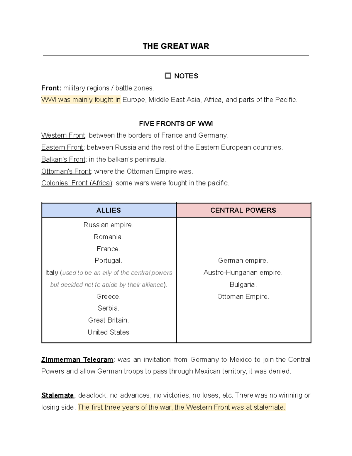 The great war - THE GREAT WAR NOTES Front: military regions / battle ...
