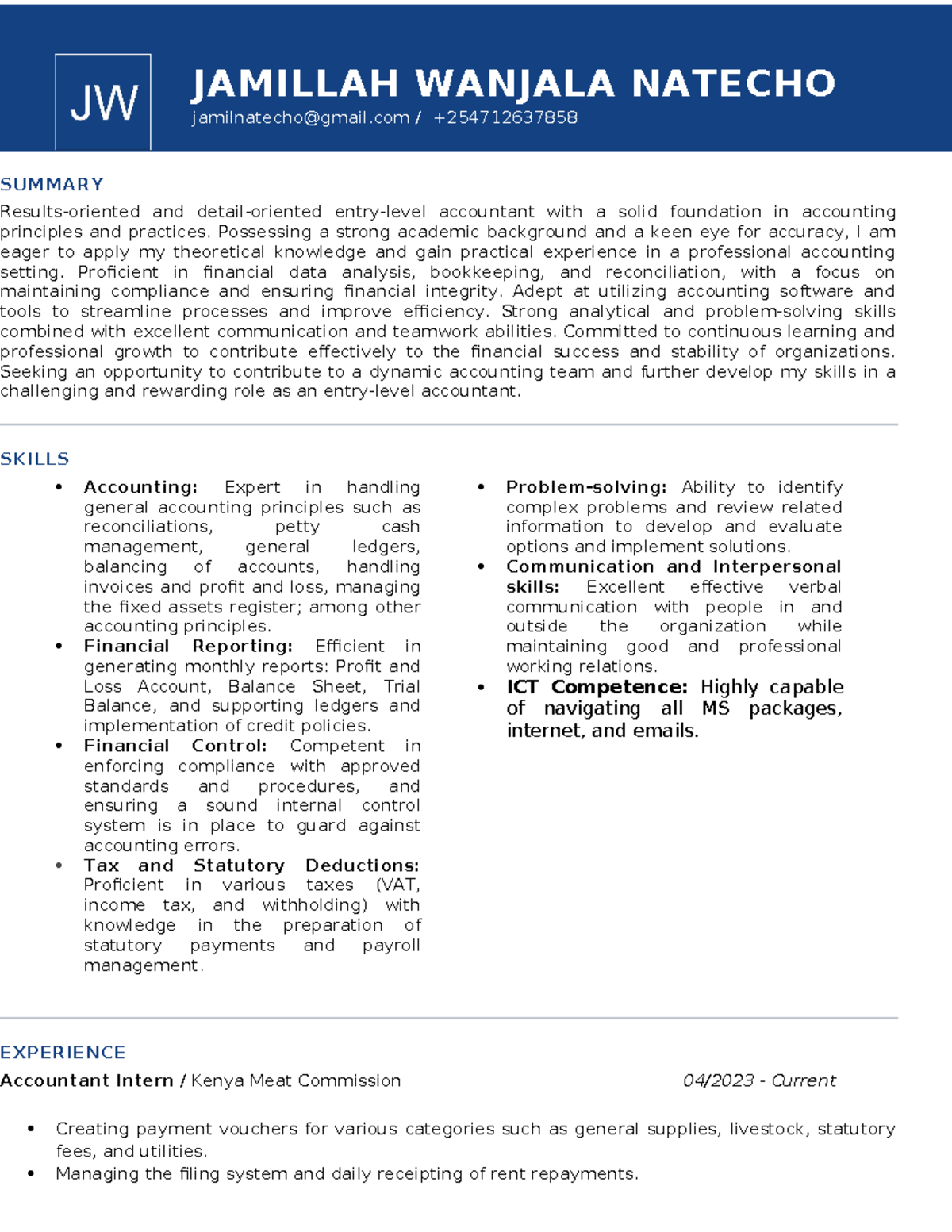 Jamillah Wanjala CV Accountant - . JAMILLAH WANJALA NATECHO ...