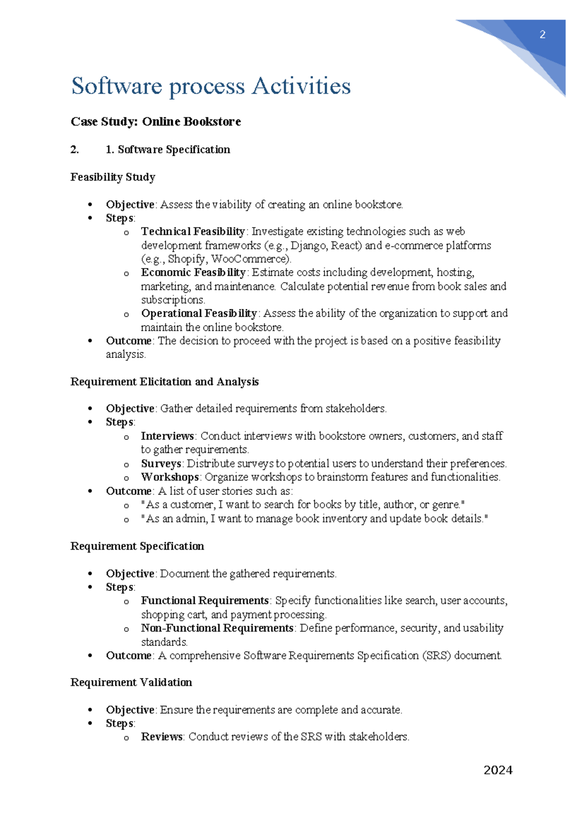 Module 1 Case studes to upload - 2 Software process Activities Case Study: Online Bookstore 2. 1 ...